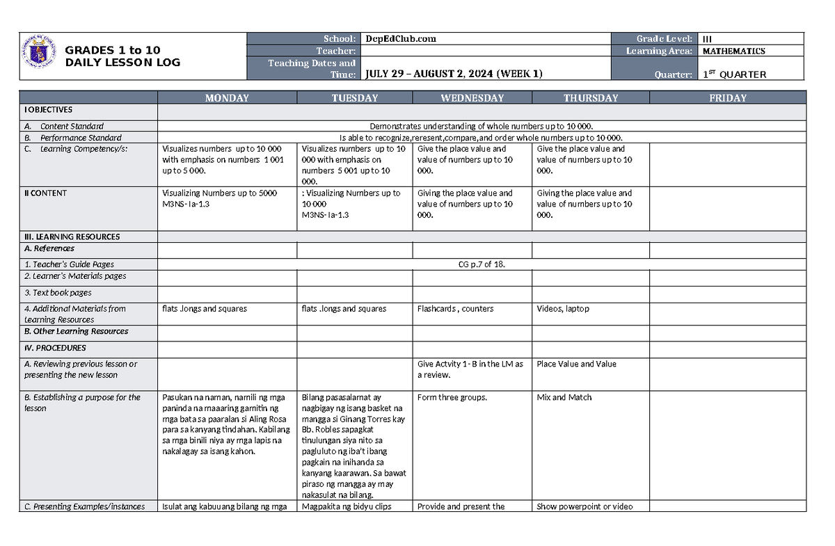 DLL MATH 3 Q1 W1 - Daily Lesson Log for Mathematics Grade 3 - Studocu