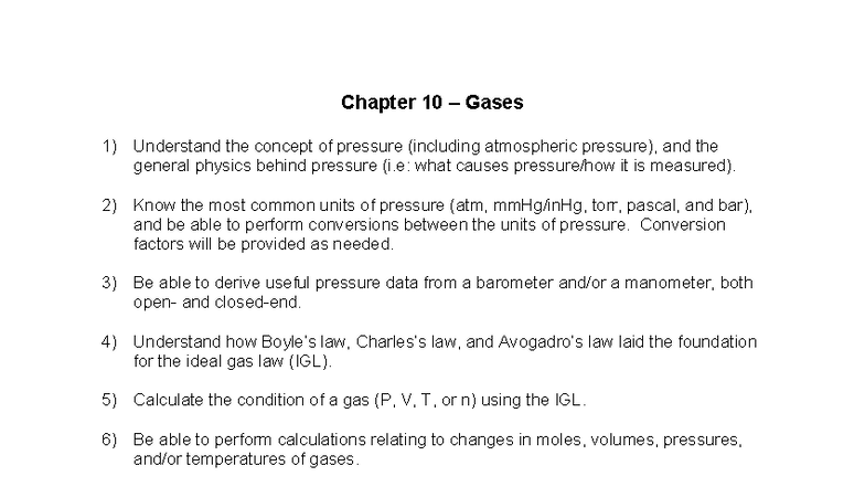 Ch10 Gases Study Guide: Key Concepts & Calculations in Chemistry - Studocu