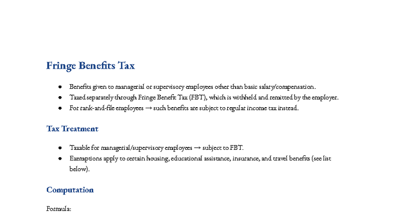 Fringe Benefits Tax (FBT) Overview for Managers and Supervisors - Studocu