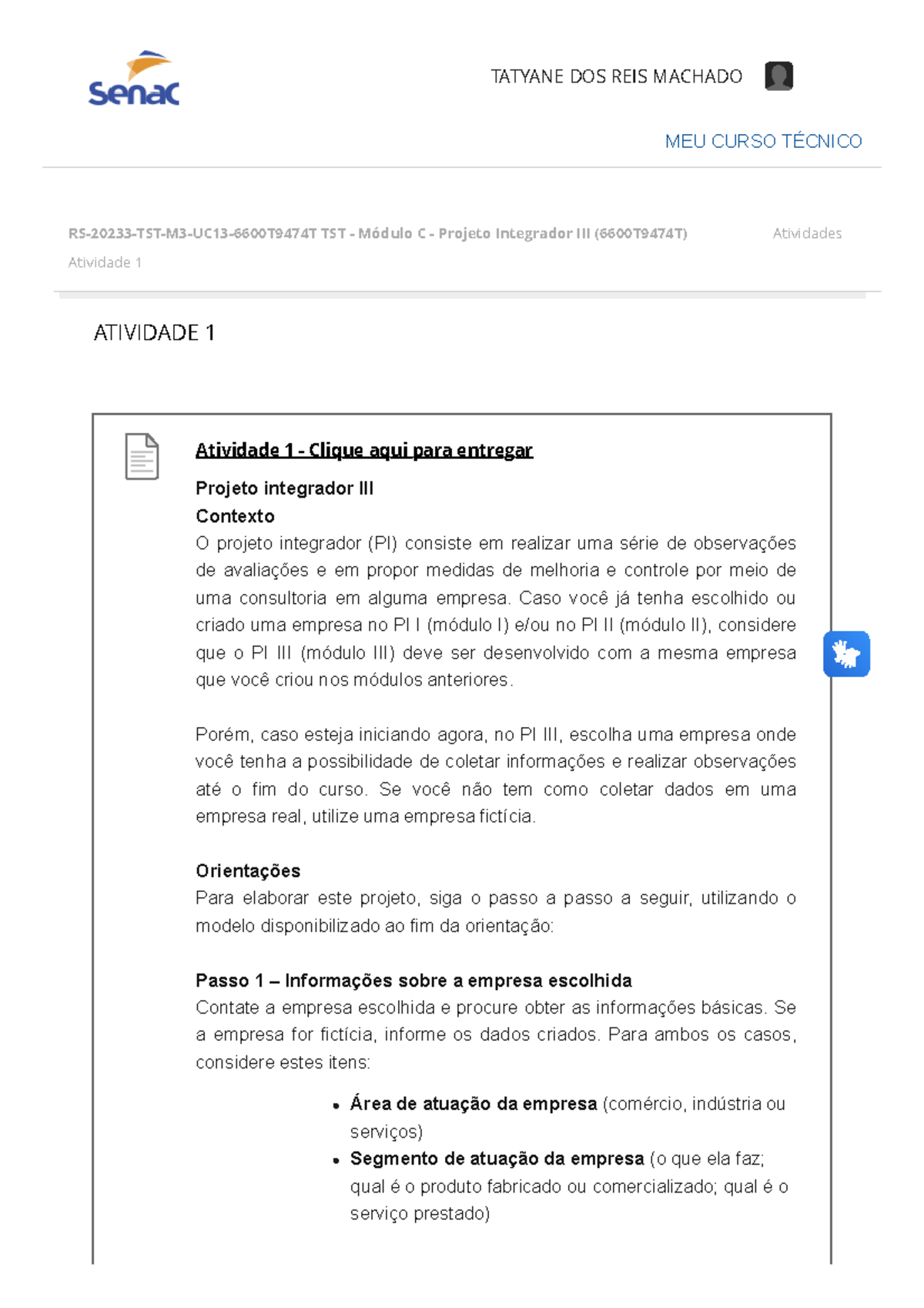 Atividade 1 - Projeto Integrador III (RS-20233-TST-M3-UC1) - Studocu
