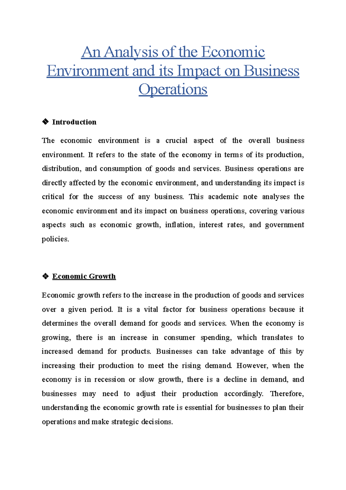 ECO 101: Impact of Economic Environment on Business Operations - Studocu