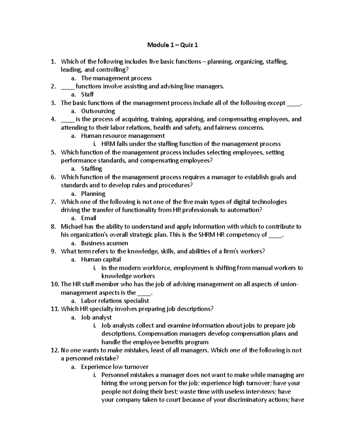Module 1 - Quiz 1 - Introduction to Human Resource Management - Module ...