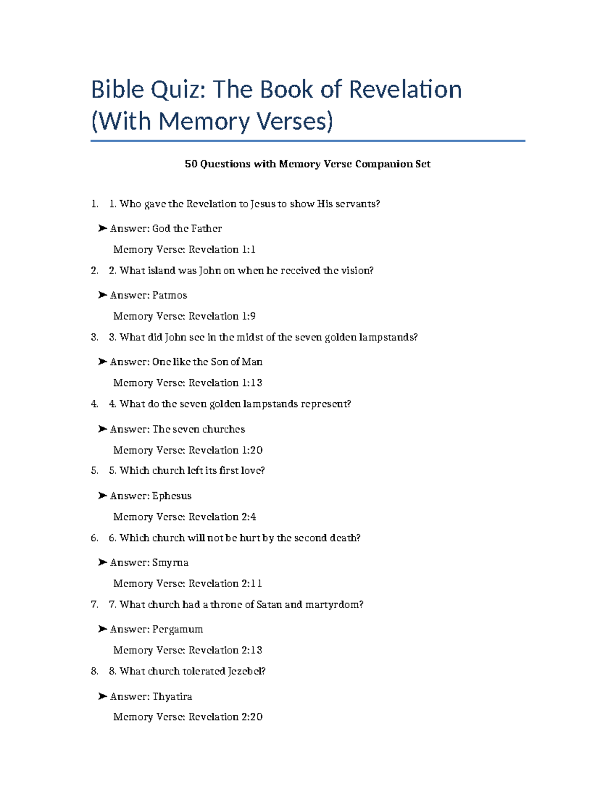 Bible Quiz: Revelation (50 Questions with Memory Verses) - Studocu