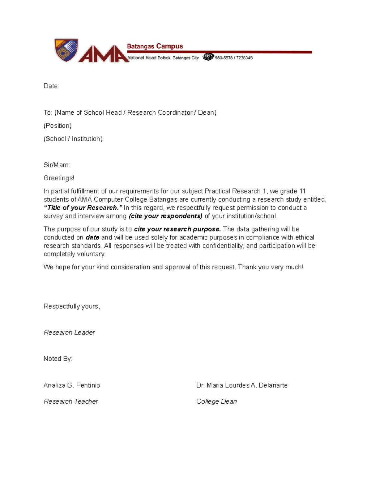 Practical Research 1 Approval Letter Request - AMA Computer College ...