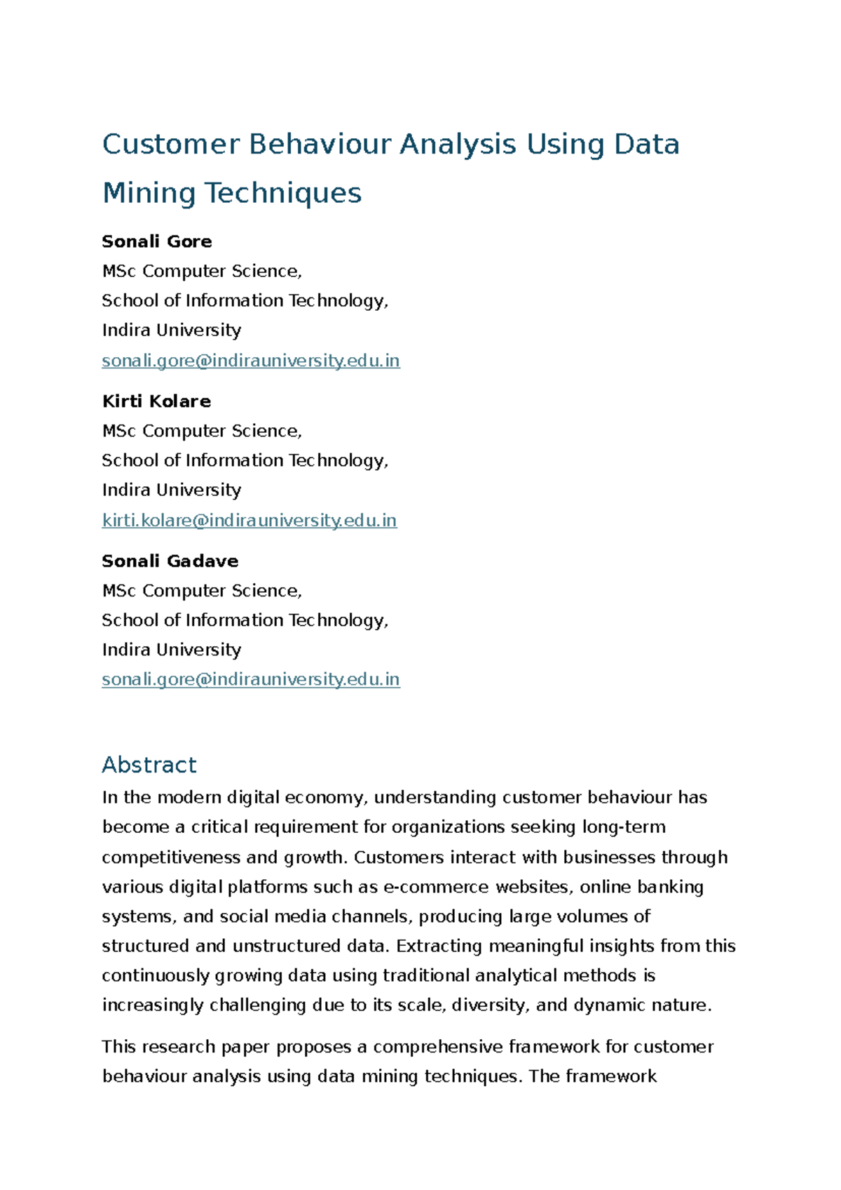 Customer Behaviour Analysis Using Data Mining Techniques - MSc CS - Studocu