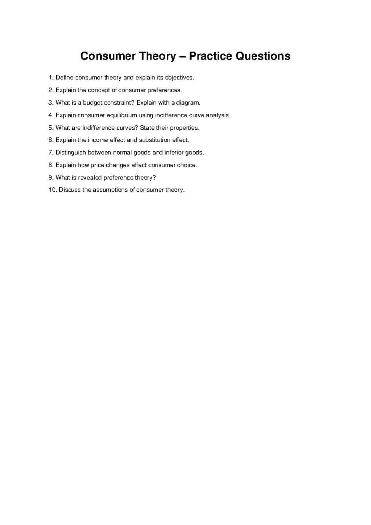 Consumer Theory Questions-2 - Consumer Theory – Practice Questions 1 ...
