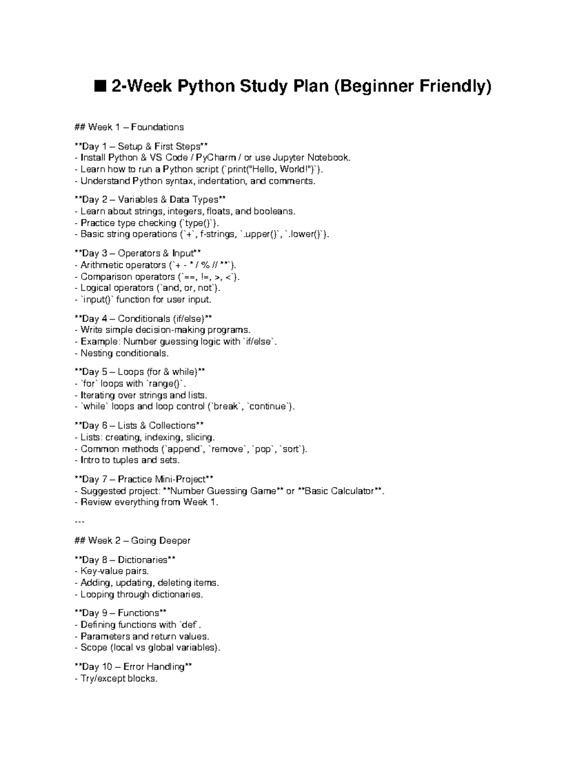 Python 2 Week Study Plan: Beginner-Friendly Foundations and Practice ...