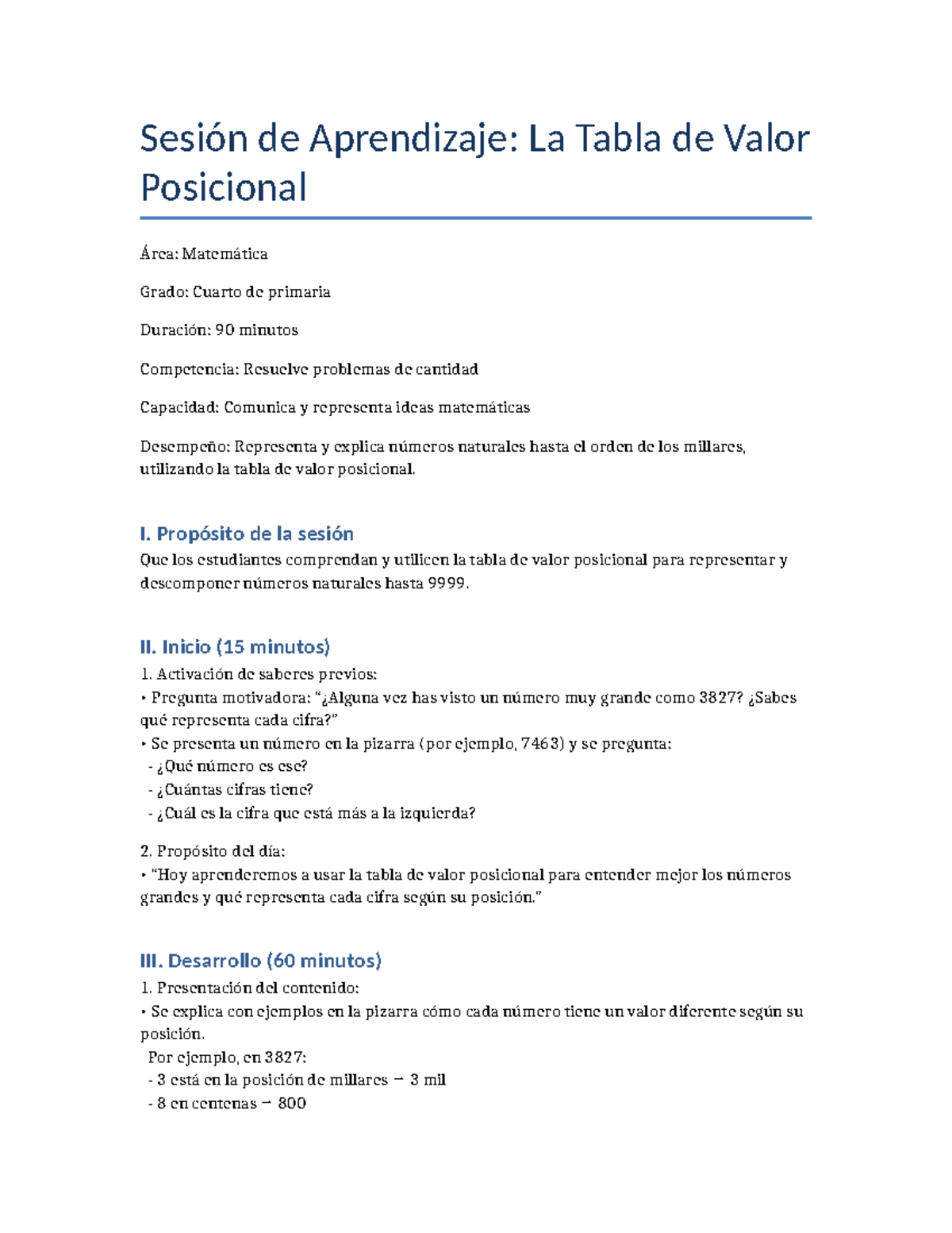 Sesión de Aprendizaje: Tabla de Valor Posicional - 4to Grado - Studocu