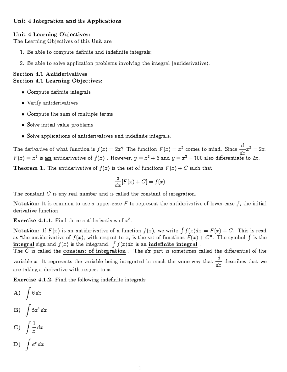 Section 4.1 1190 - Unit 4 Integrals: Antiderivatives & Applications ...