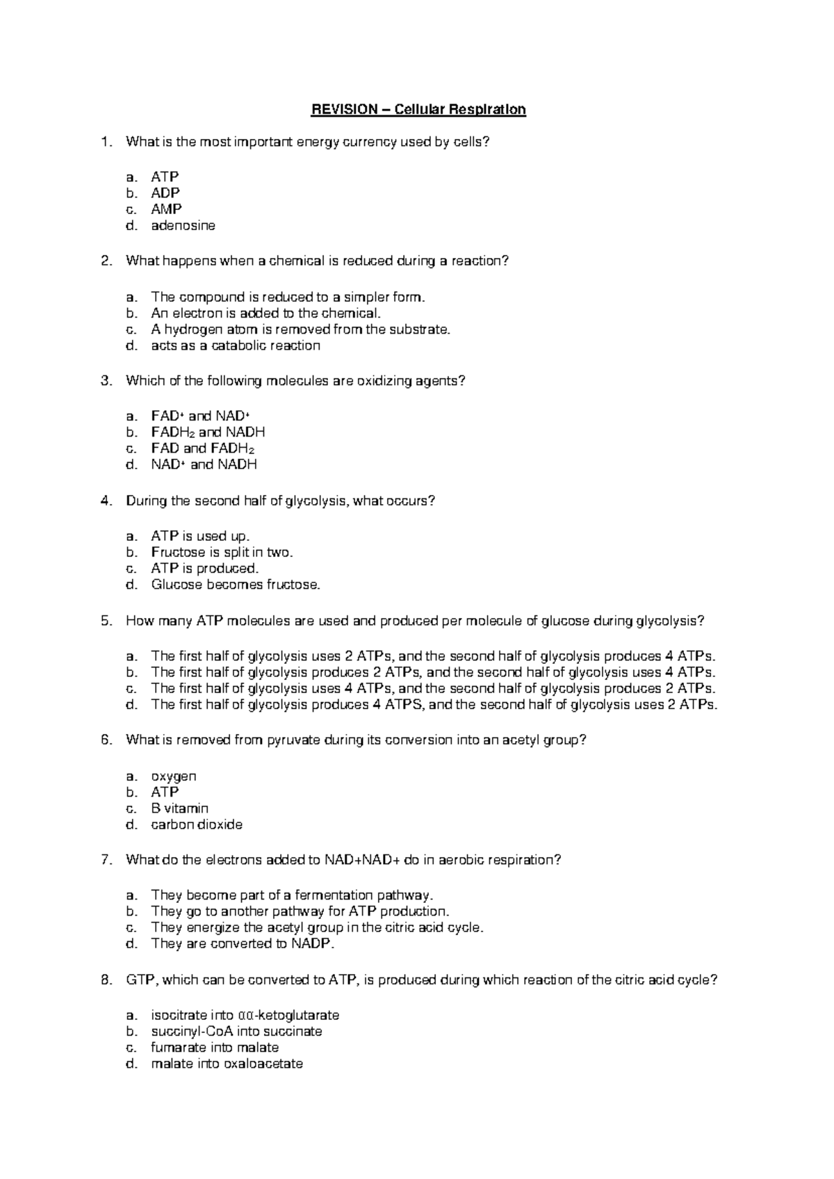 Cellular Respiration MCQ Revision Notes (BIO 101) - Studocu