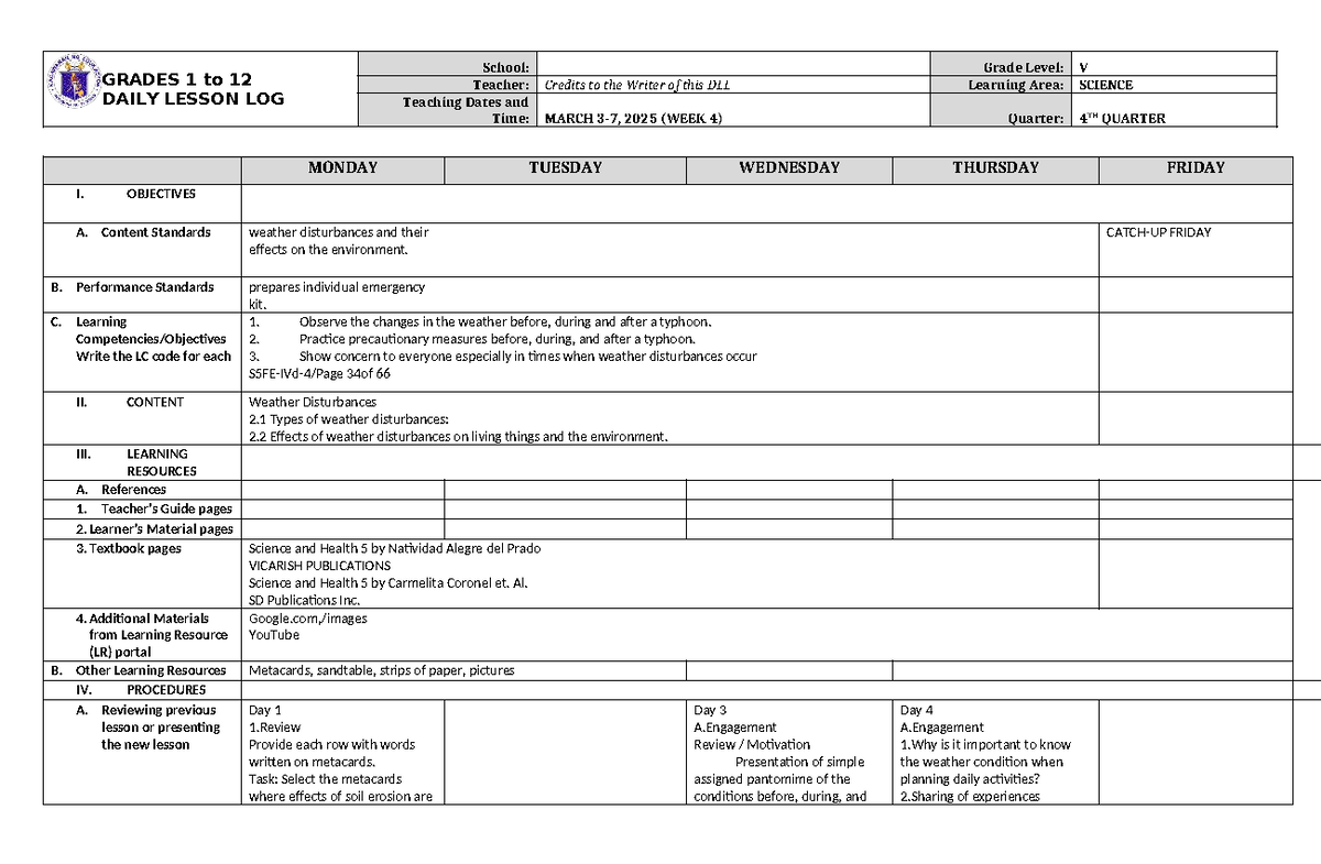 Grade 5 DLL: Science 5 Q4 Week 4 Lesson Plan on Weather Disturbances ...
