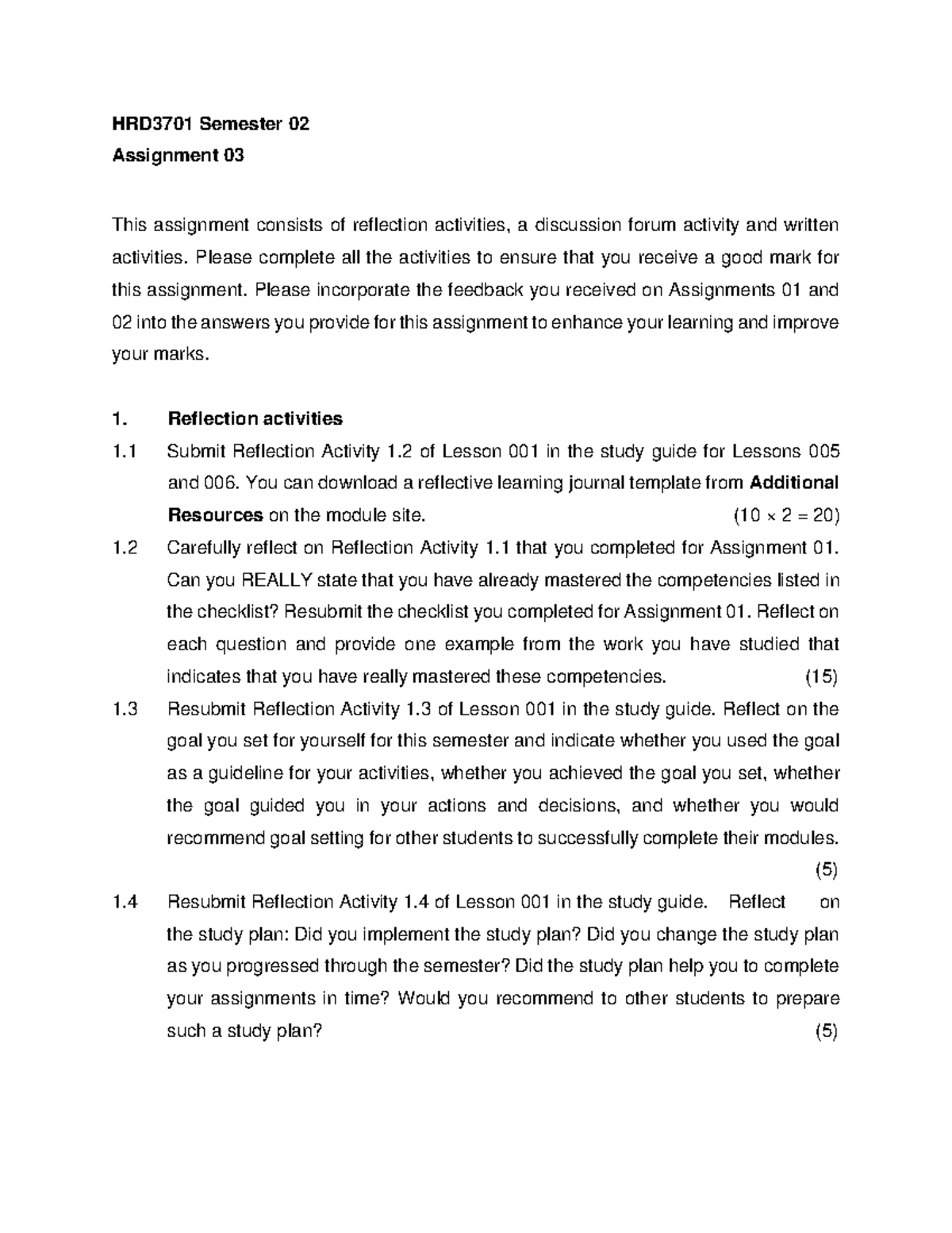 HRD3701 S2 2022 - Assignment 03: Portfolio Reflection & Activities ...