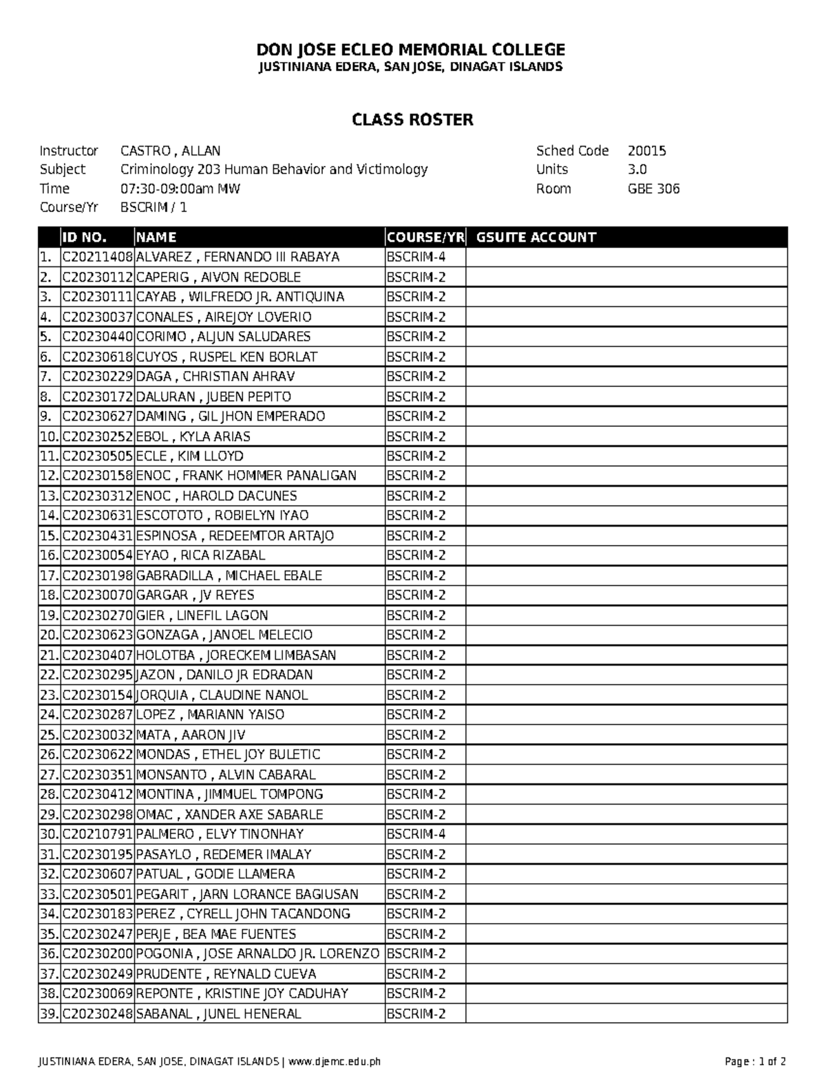 Class Roster for Criminology 203: Human Behavior & Victimology - Studocu