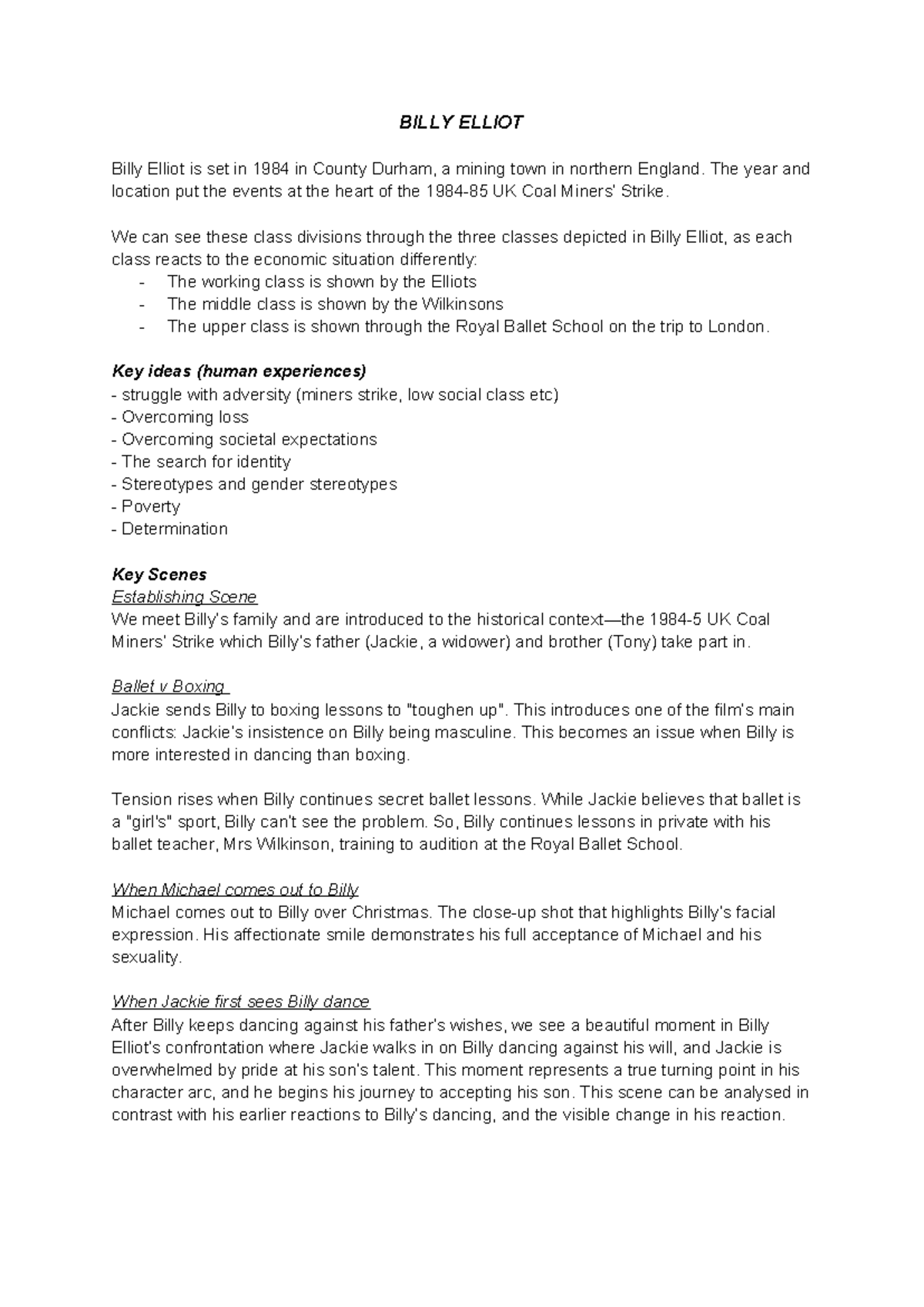 Billy Elliot Notes (TRIAL EXAM) - Key Themes & Analysis - Studocu
