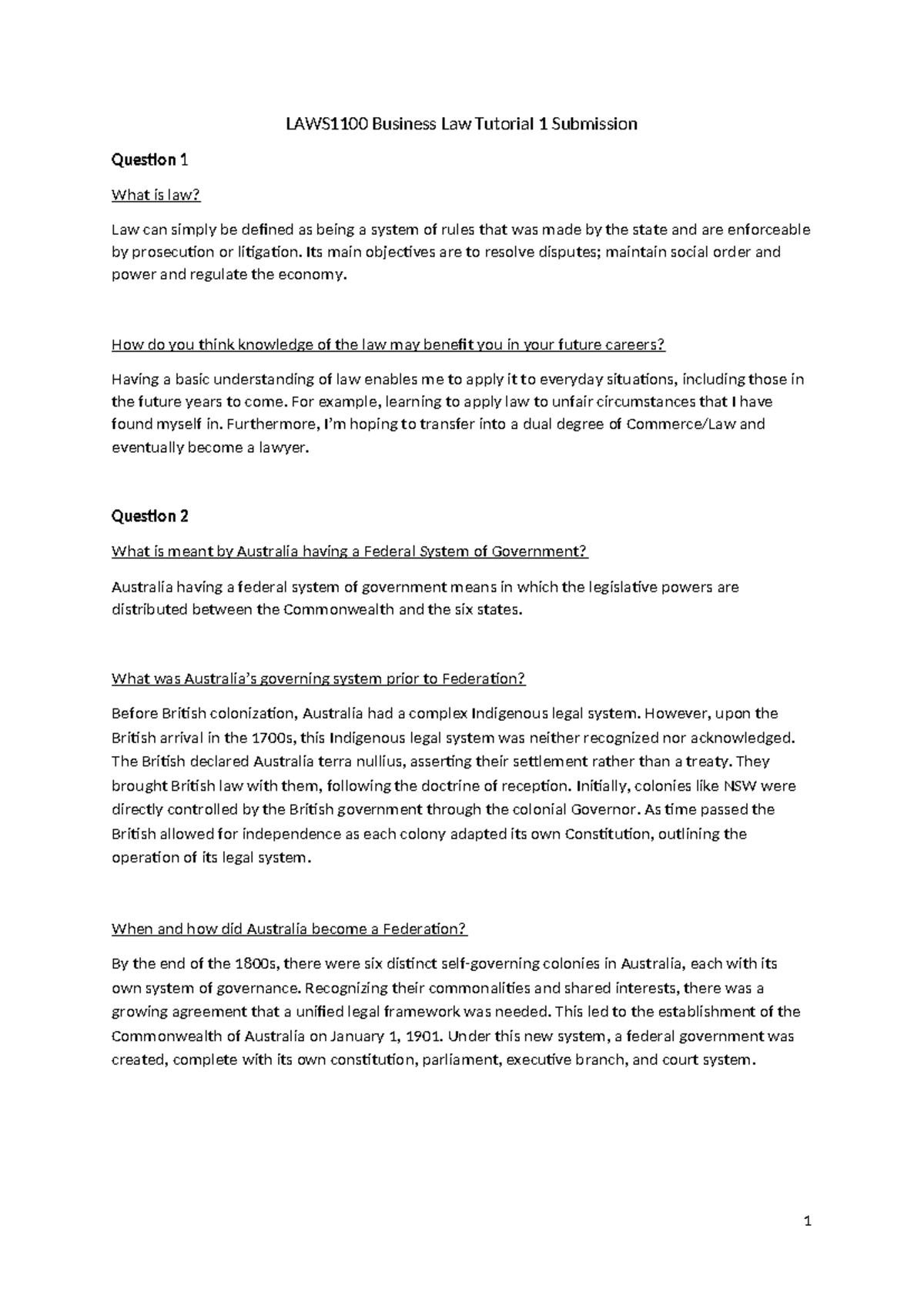Tutorial 1 Submission - LAWS1100 Business Law Tutorial 1 Submission ...