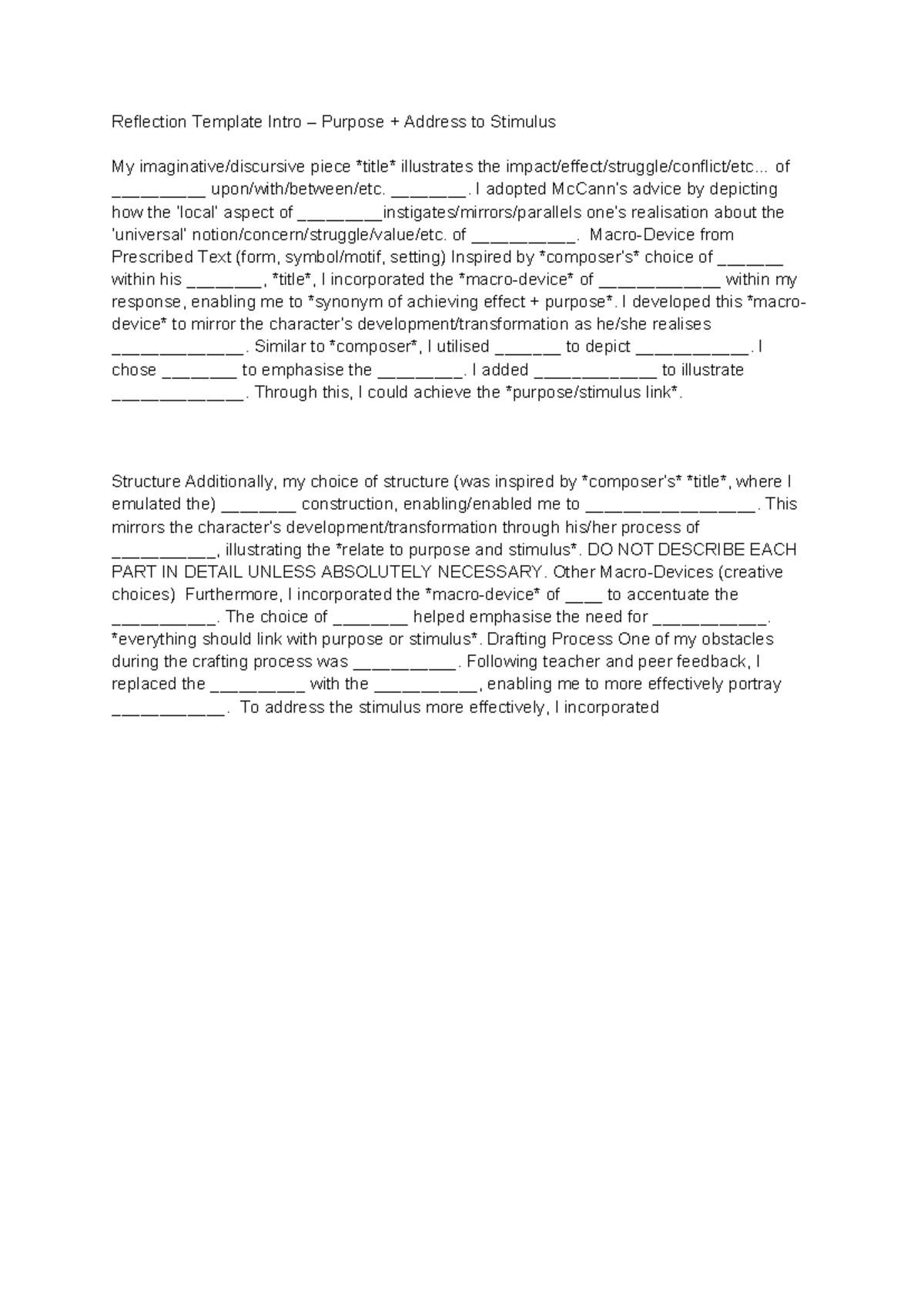 Mod C - Reflective Template for Creative Response - Studocu