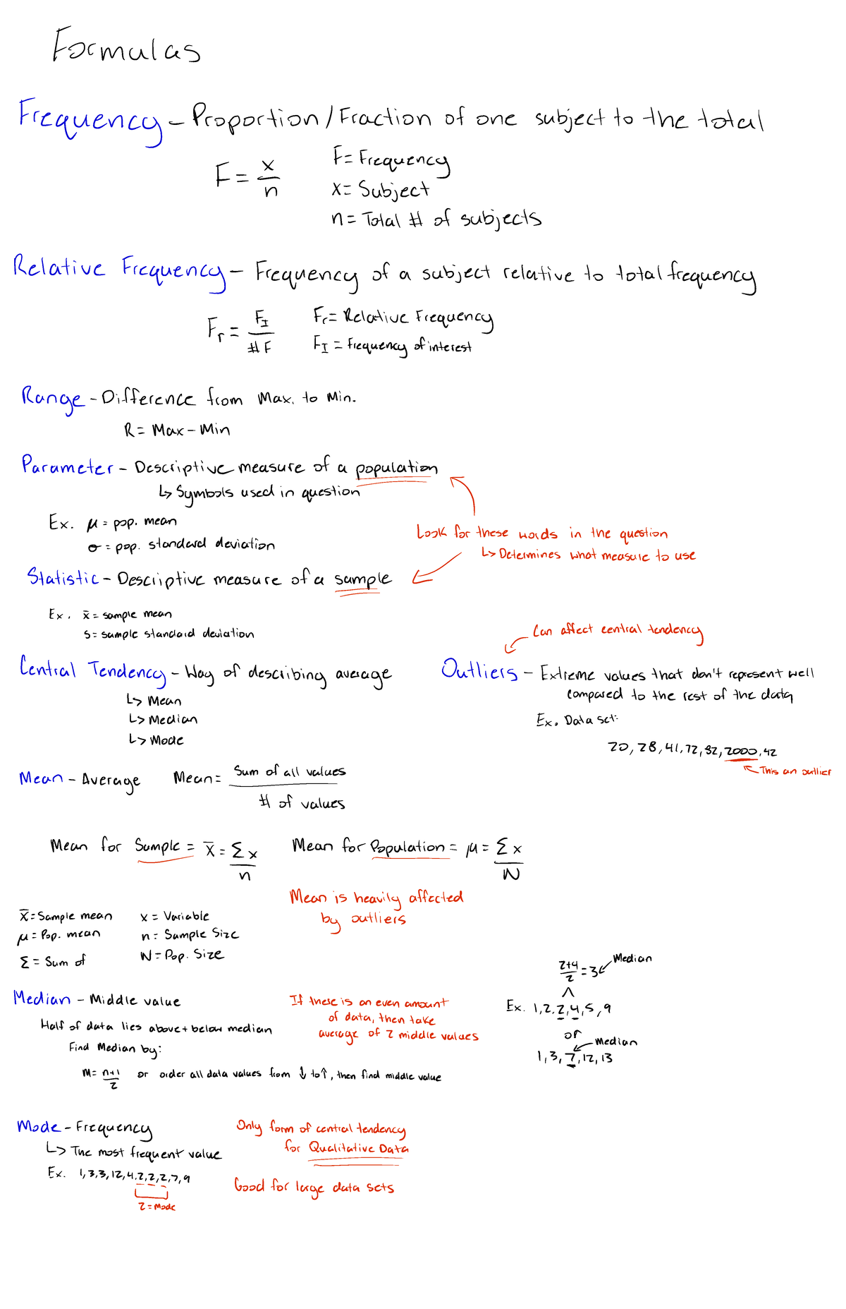 Formula Sheet Mastered - Formulas Frequency Proportion/Fraction of one ...