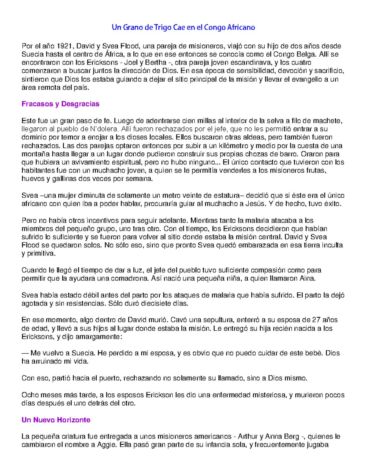 Testimonio Misionero Congo Africa - Por el año 1921, David y Svea Flood ...