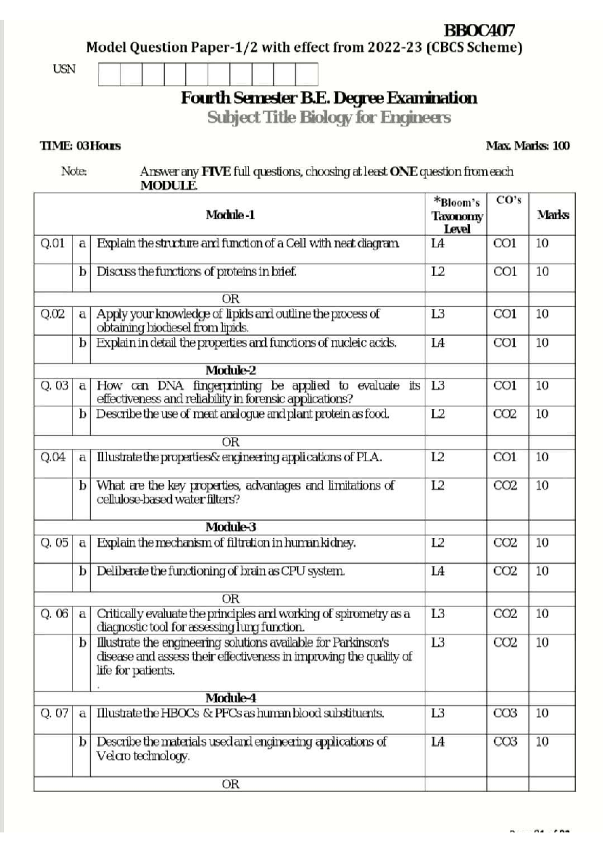 BBOC407 Model Question Paper for Biology for Engineers - 4th Sem - Studocu