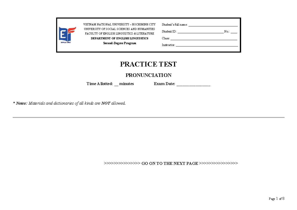 Minimal Pairs Practice Test for Pronunciation - ESL 101 - Studocu
