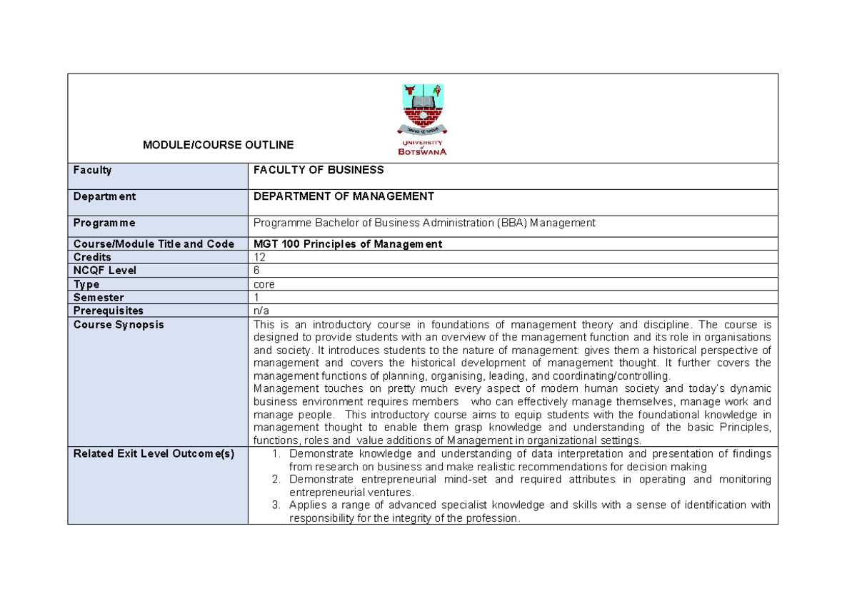 MGT 100 Course Outline: Principles of Management 2025-26 - Studocu