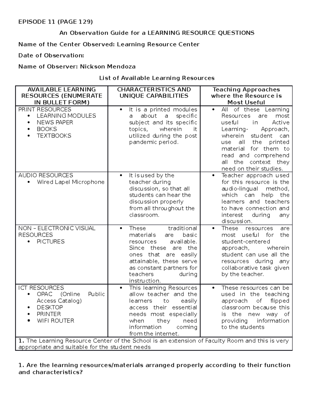 FS 1 Episode 11 - Observation Guide for Learning Resource Center - Studocu