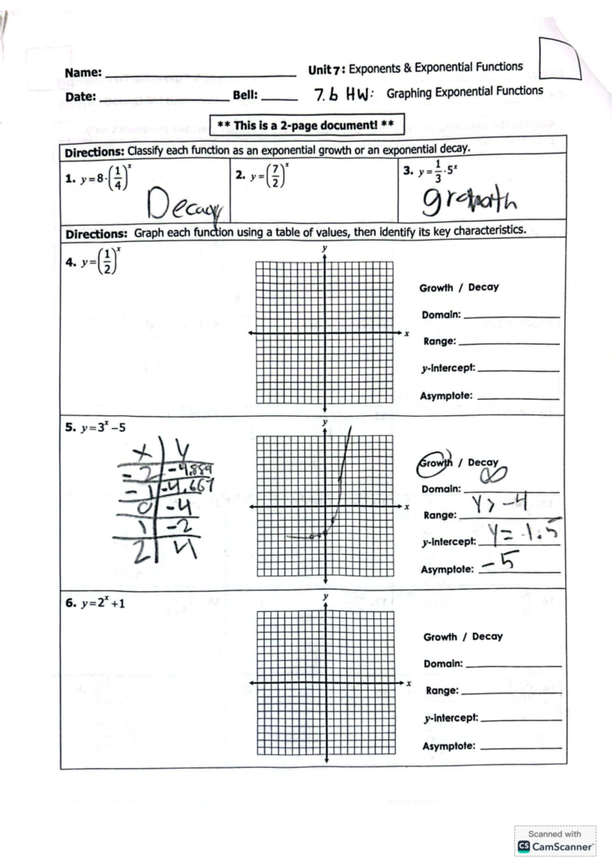 Unit 7: Exponents & Exponential Functions HW Graphing Guide - Studocu