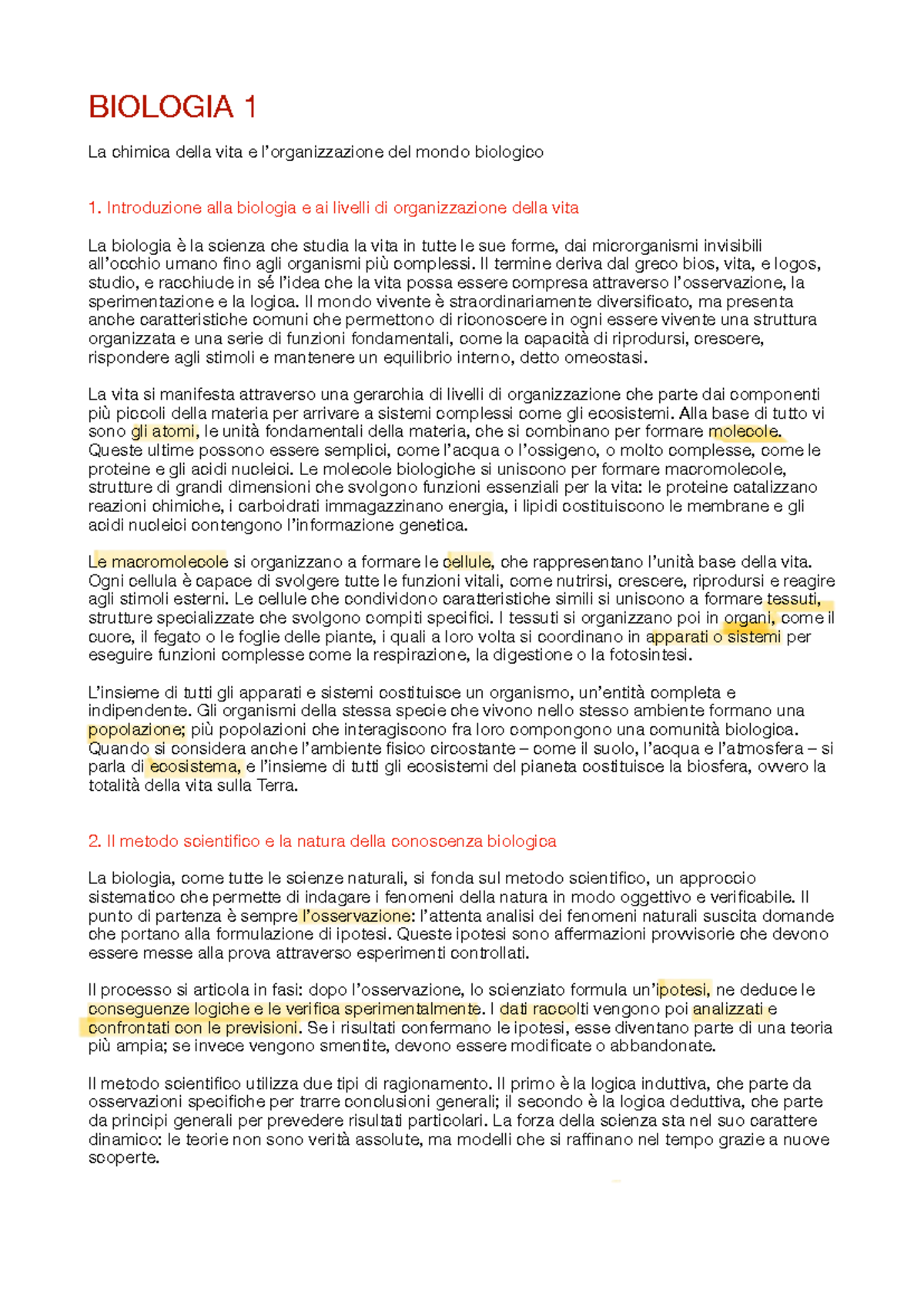 BIOLOGIA 1: Introduzione alla Chimica della Vita e Organizzazione ...