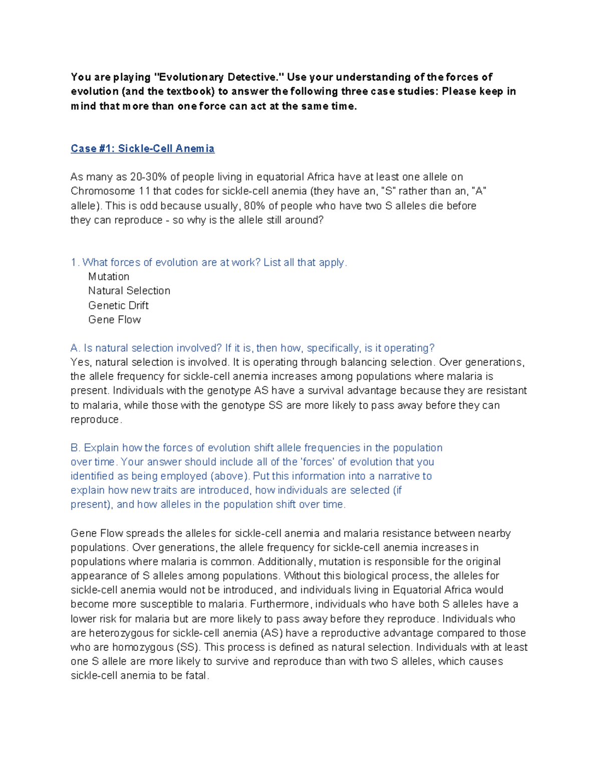 Evolutionary Forces in Case Studies: Analyzing Anemia & Lactase ...