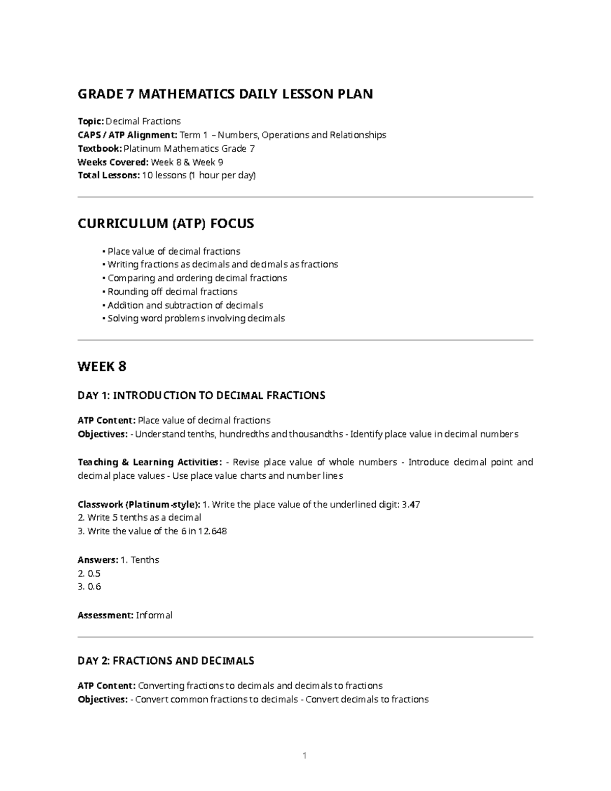Grade 7 Mathematics Daily Lesson Plan: Decimal Fractions (Term 1) - Studocu