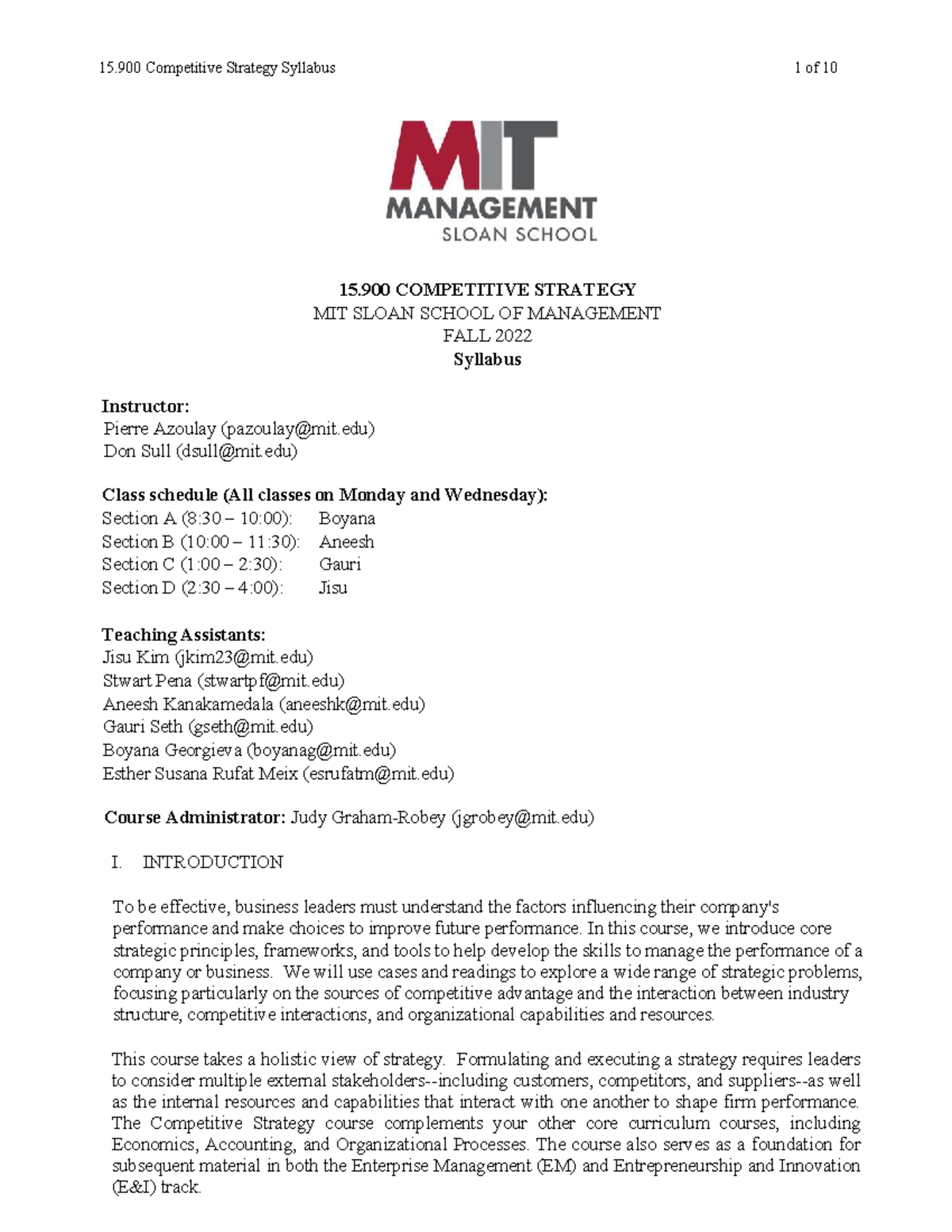 15.900 Competitive Strategy Syllabus - MIT Sloan Fall 2022 - Studocu