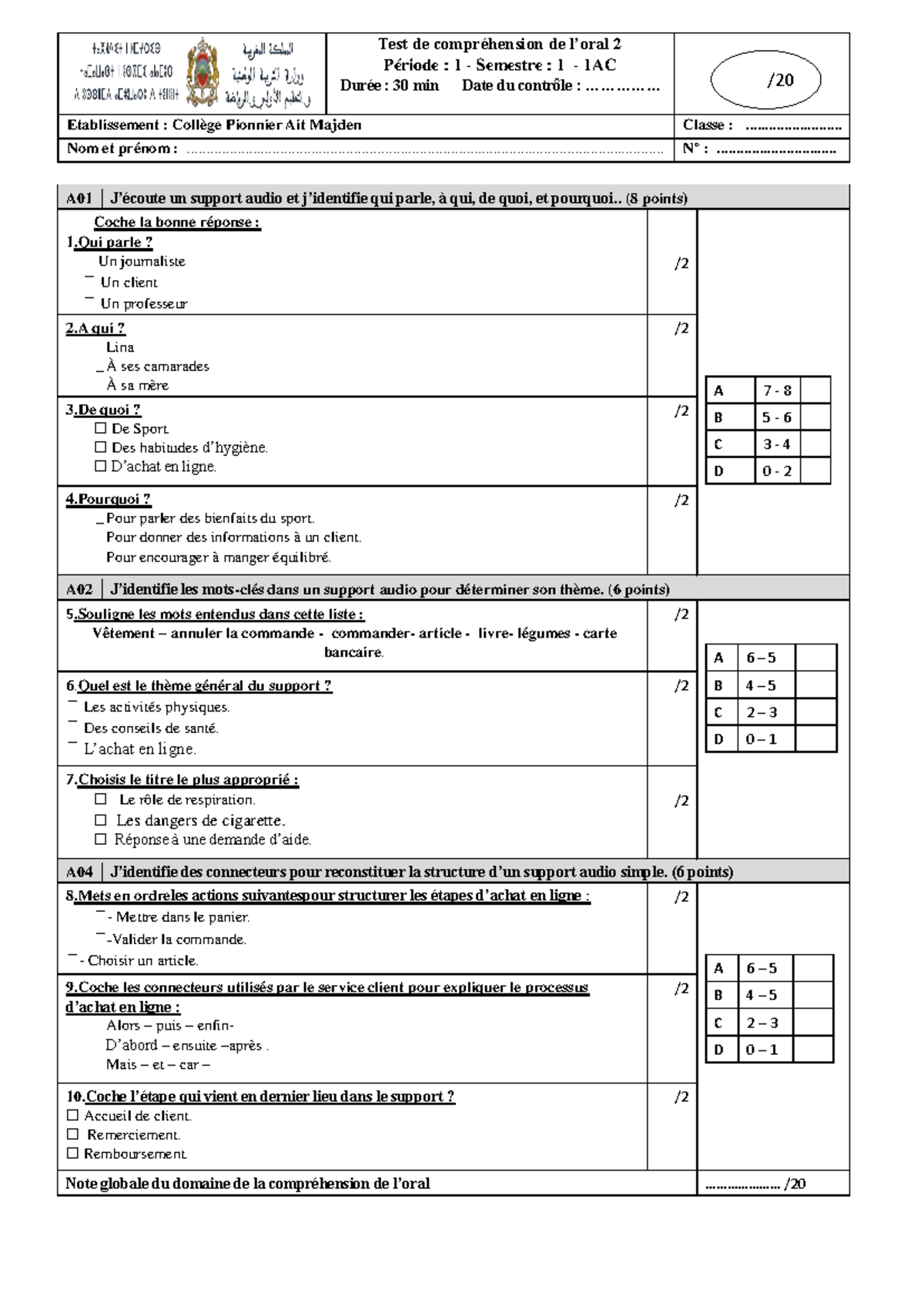 Test de compréhension de l'oral 2 - 1AC (30 min) - Studocu