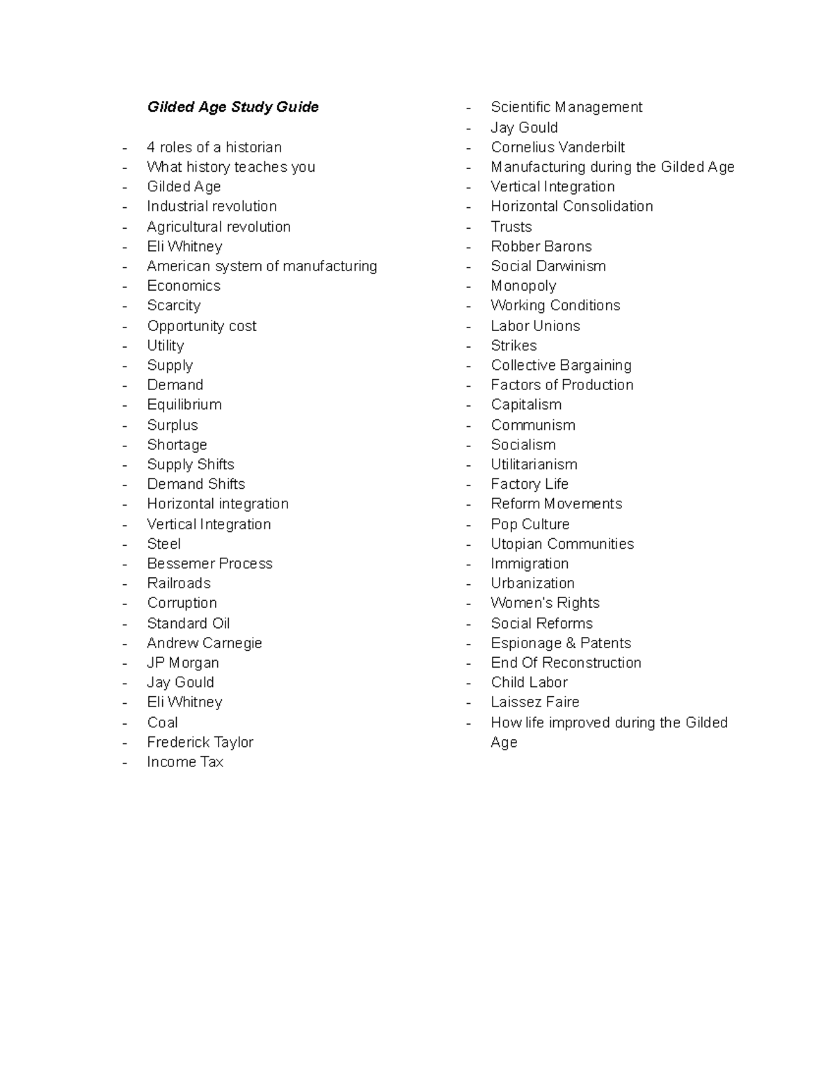 Gilded Age Study Guide: Key Concepts and Historical Roles - Studocu