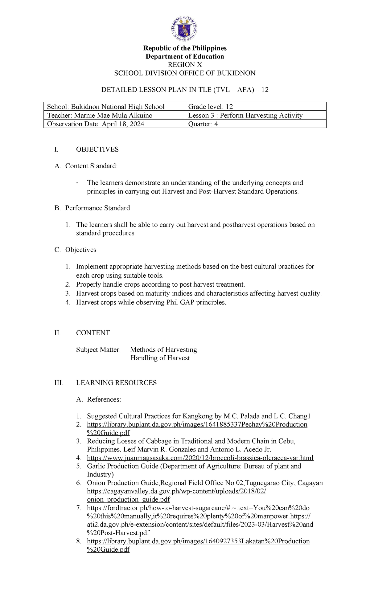 Detailed Lesson Plan (TLE TVL-AFA 12) on Harvesting Methods - Studocu