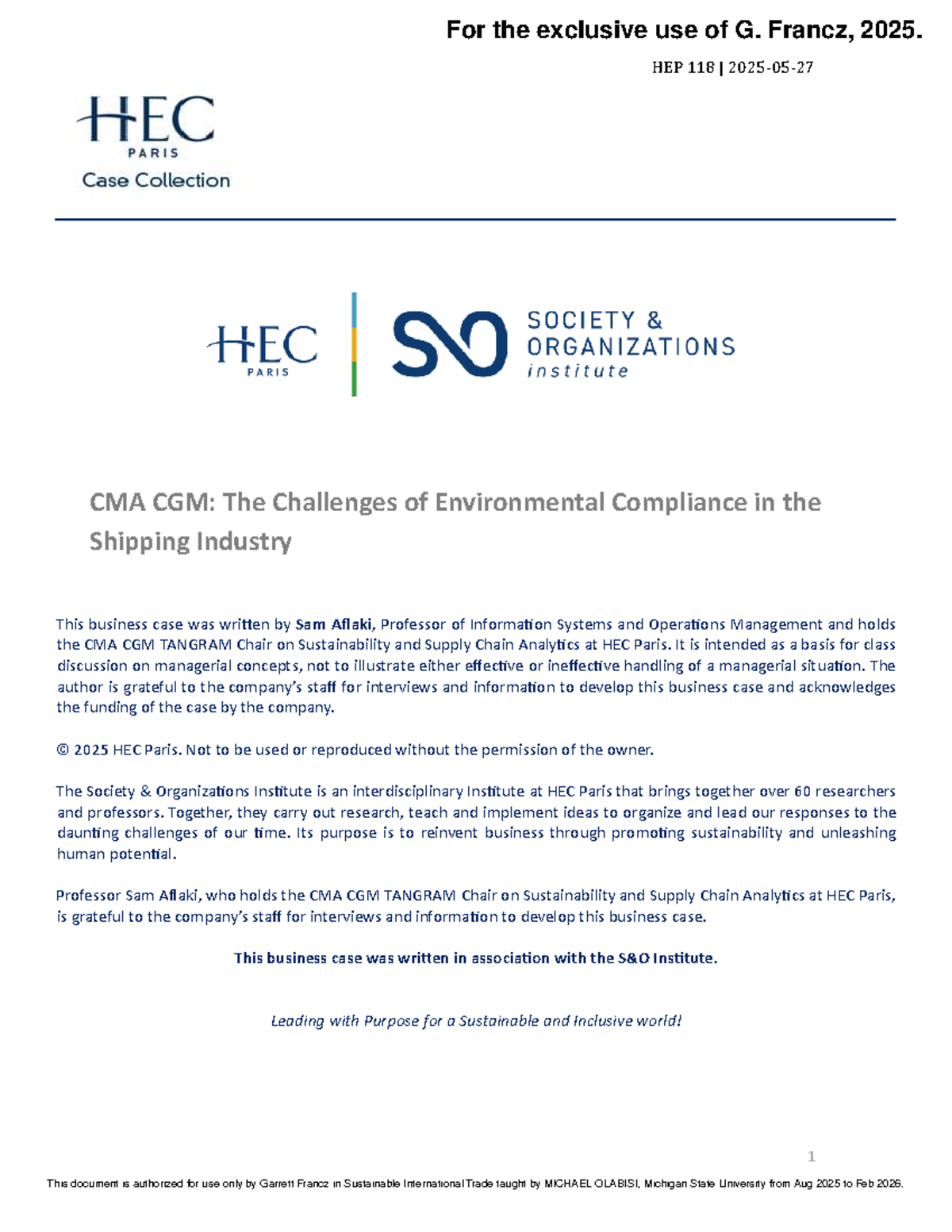 HEP 118 Case Study: CMA CGM's Environmental Compliance Challenges - Studocu