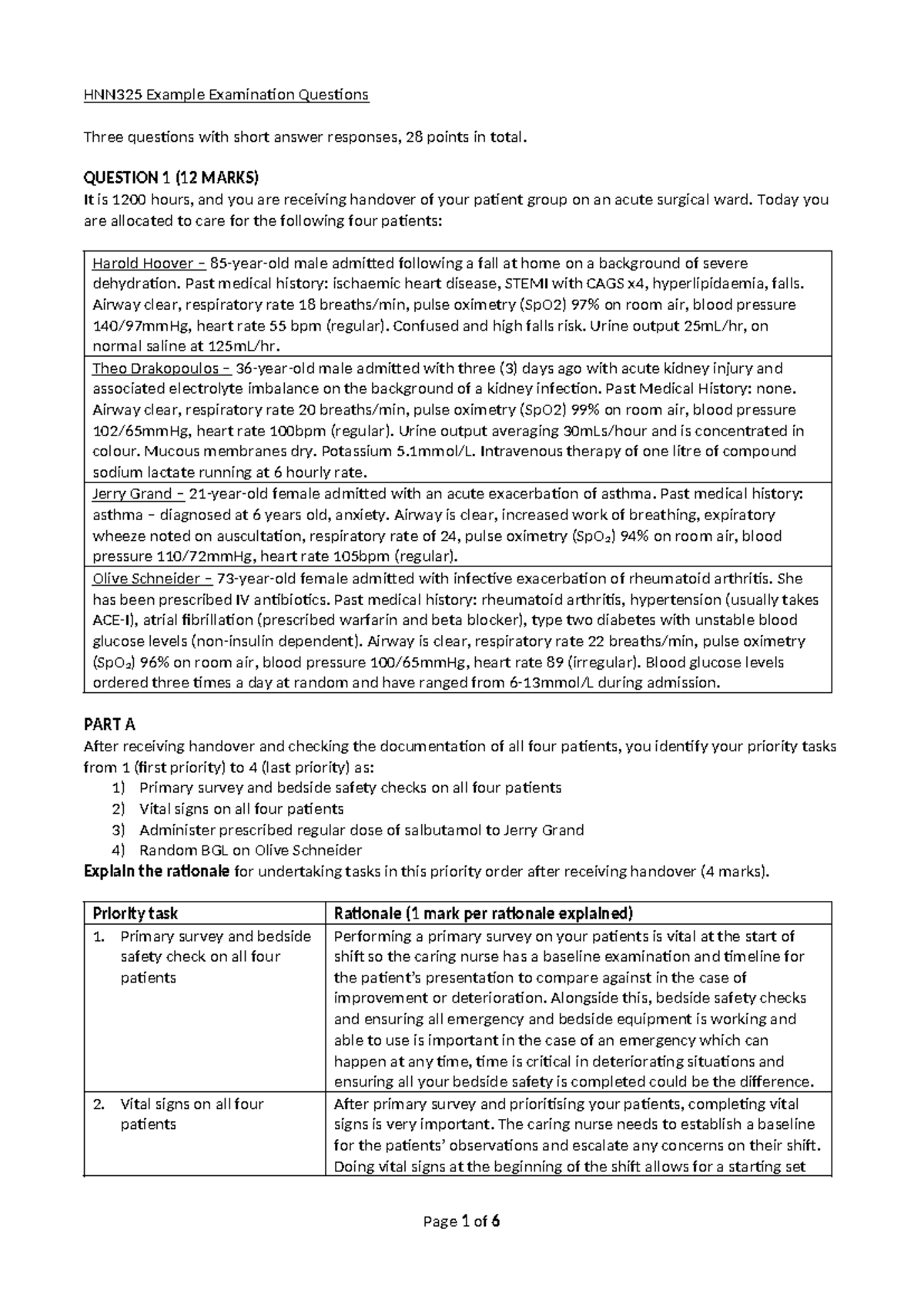 HNN325 Practice Exam: Patient Prioritization & Nursing Actions - Studocu