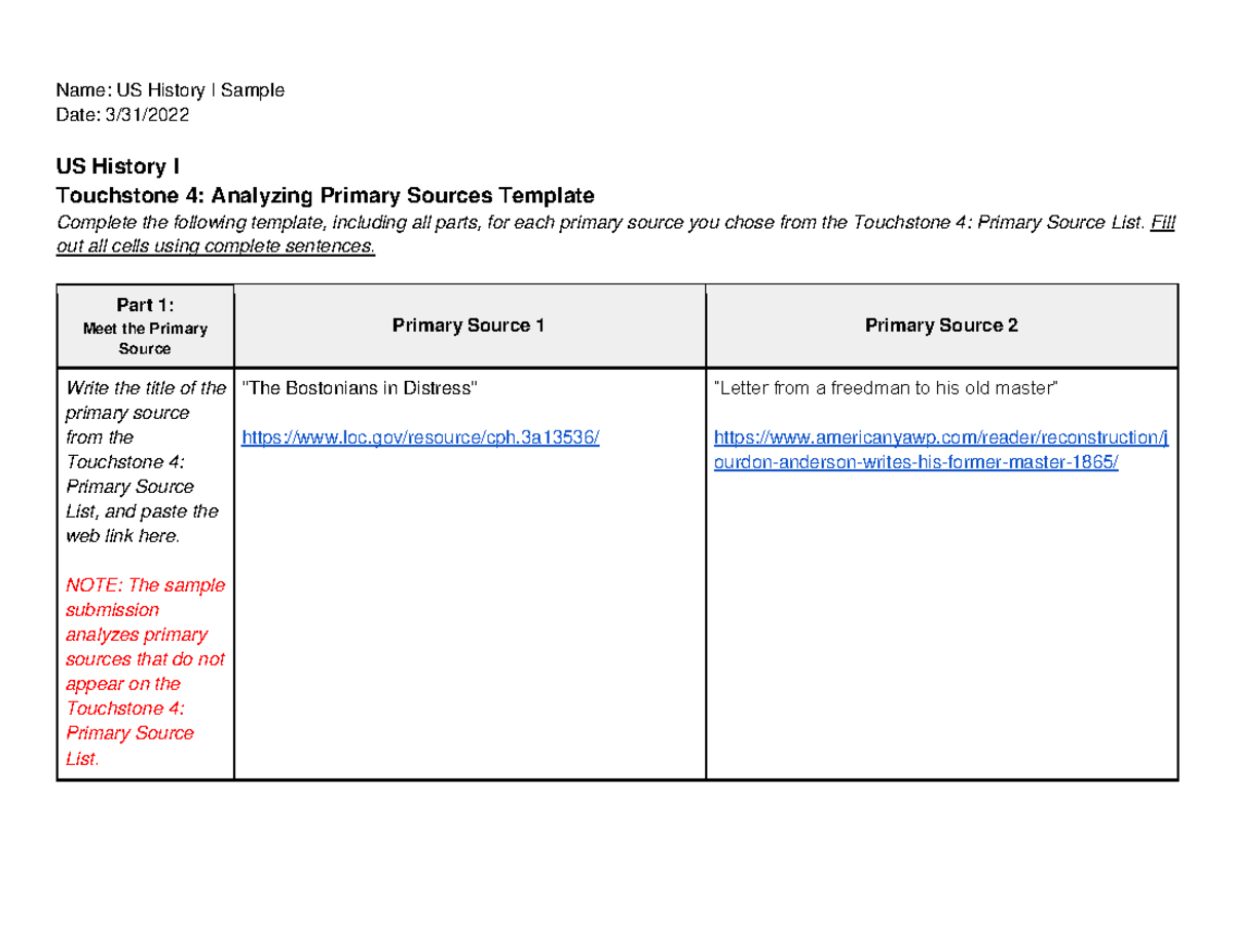 US History I Touchstone 4 Sample: Analyzing Primary Sources - Studocu