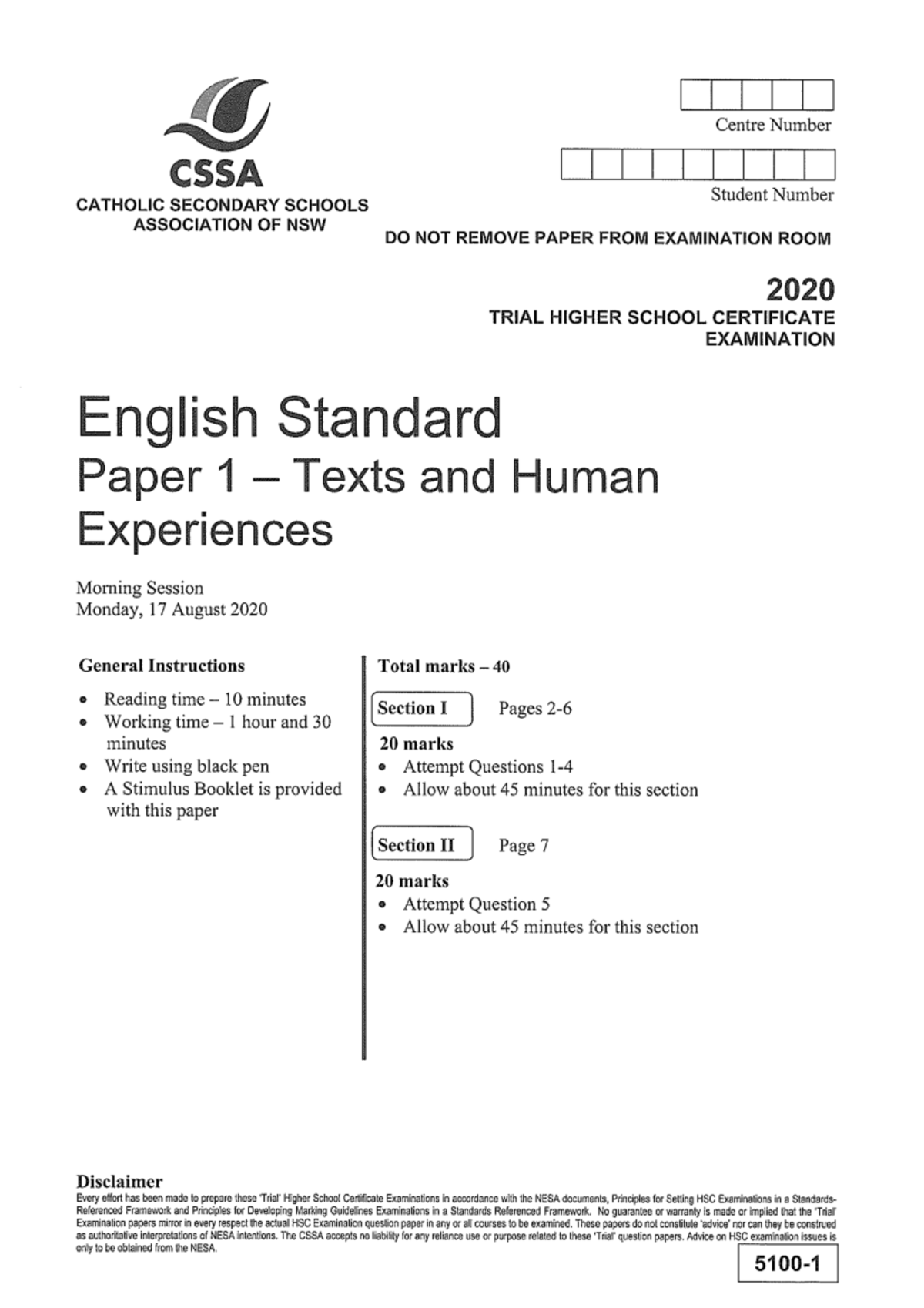 2020 CSSA Trial HSC English Standard Paper 1 Exam Questions & Answers ...