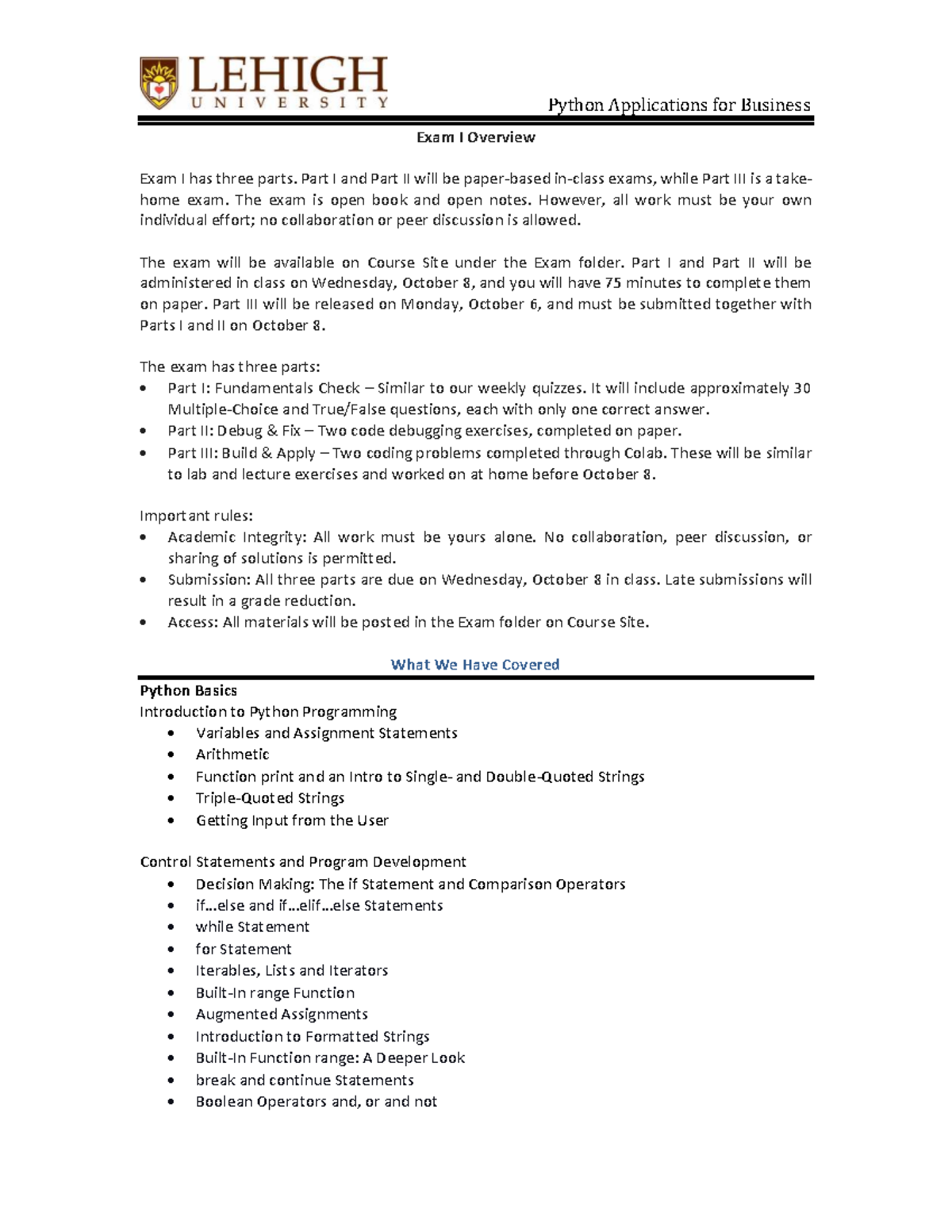 Python Applications for Business: Exam I Overview & Guidelines - Studocu