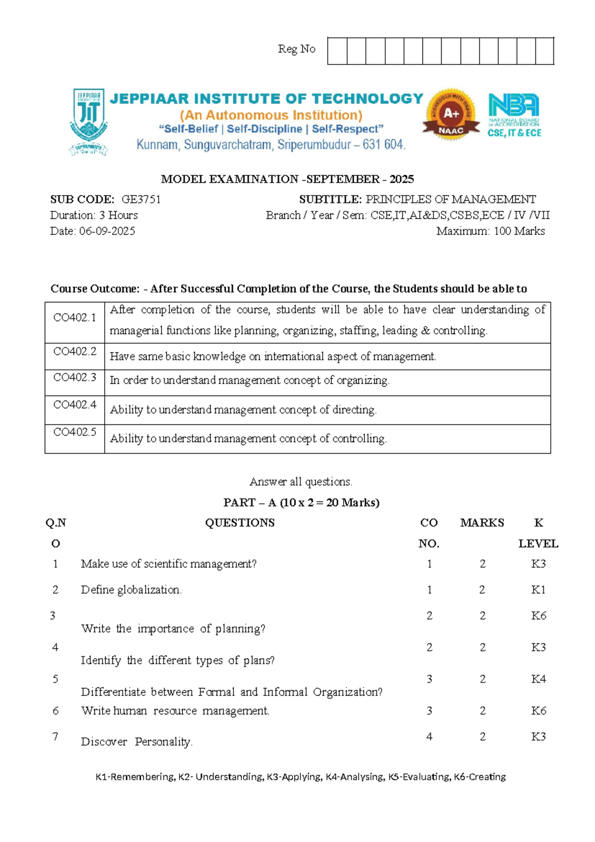 POM GE3751 Model Exam Paper 2025 - Principles of Management - Studocu