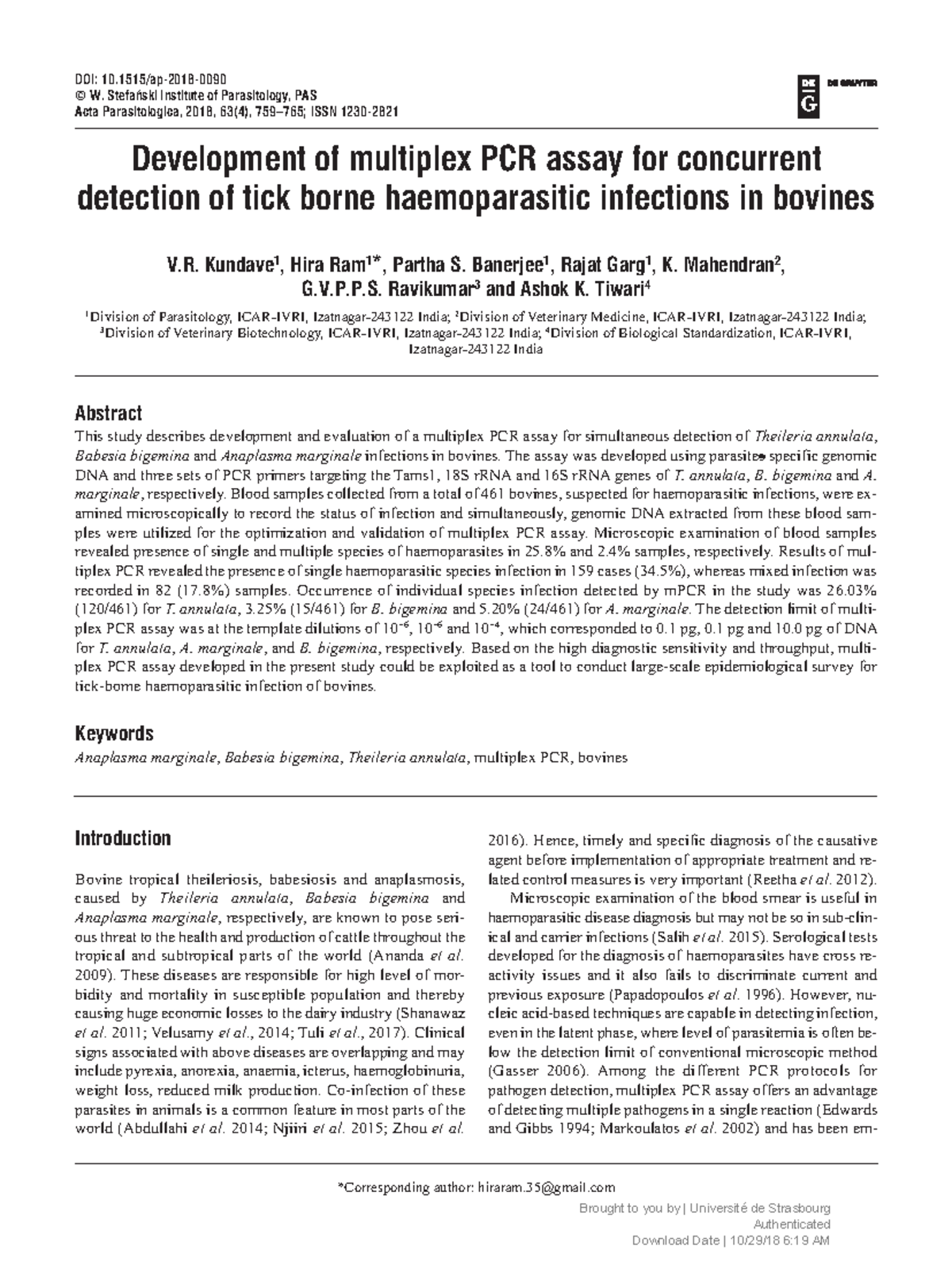 Multiplex PCR Assay Development for Tick-Borne Infections in Bovine ...
