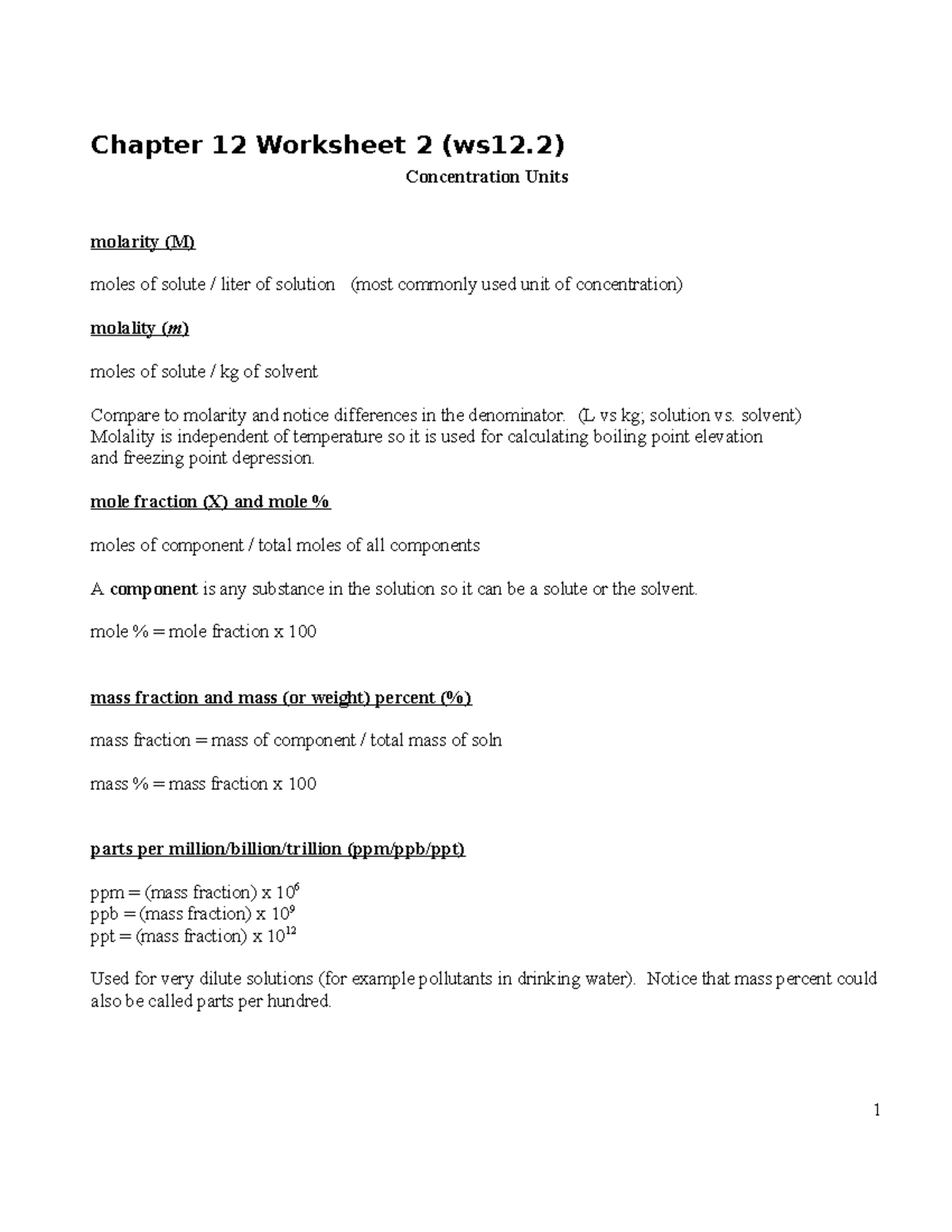 Concentration Formula Worksheet