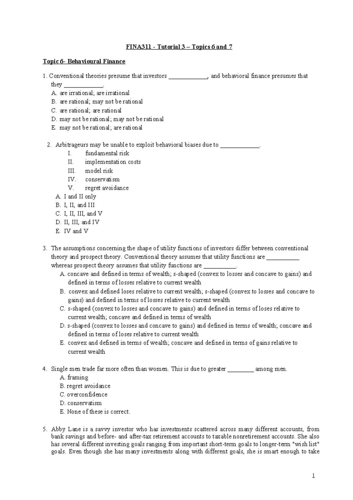 FINA311 Tutorial 3: Behavioral Finance Concepts and Applications - Studocu