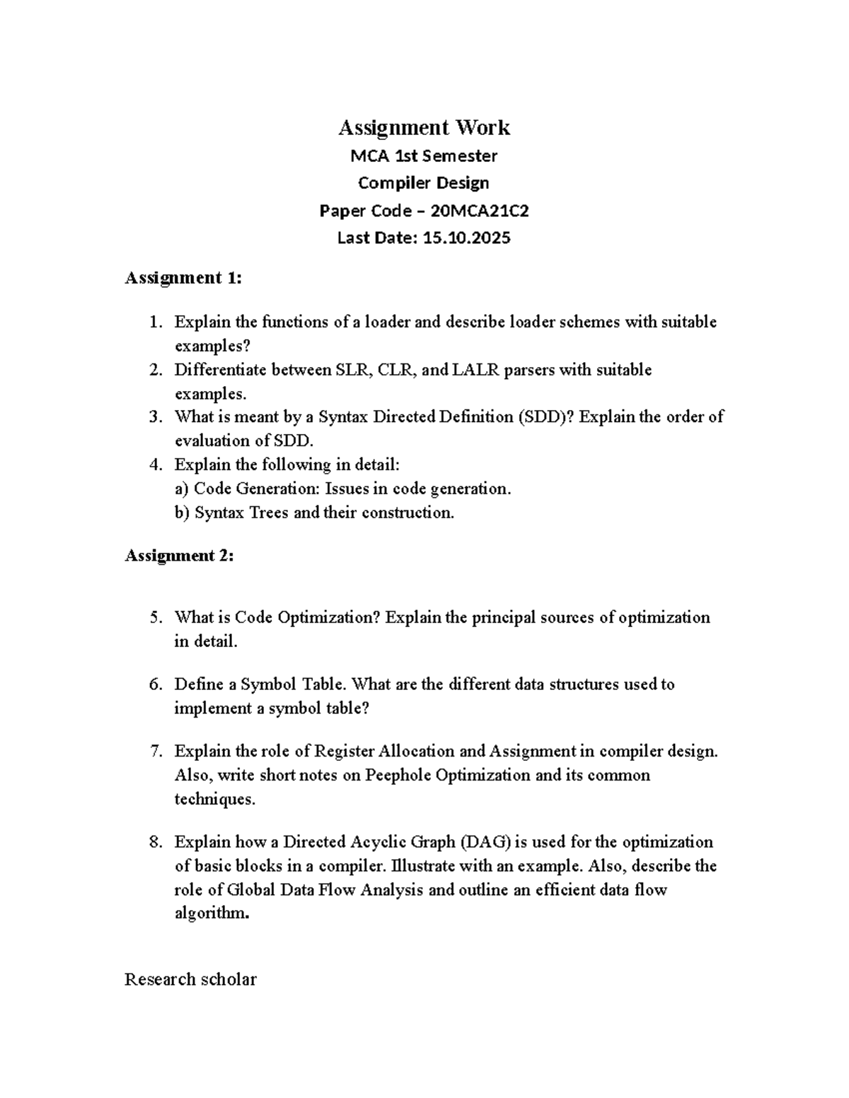 MCA 1st Sem Assignment: Compiler Design (20MCA21C2) - Studocu