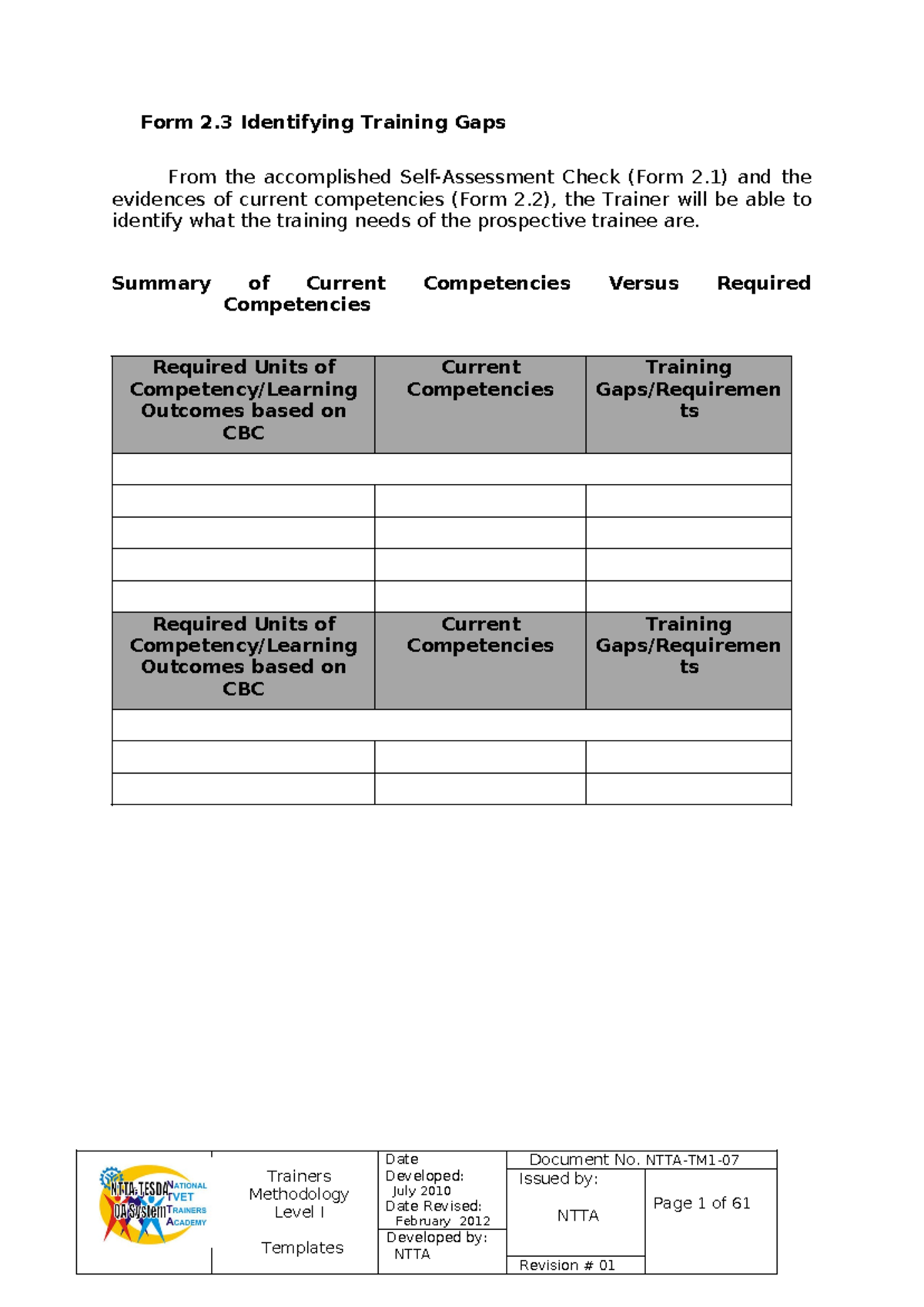 Form 2.3 Identifying Training Gaps - Form 2 Identifying Training Gaps ...