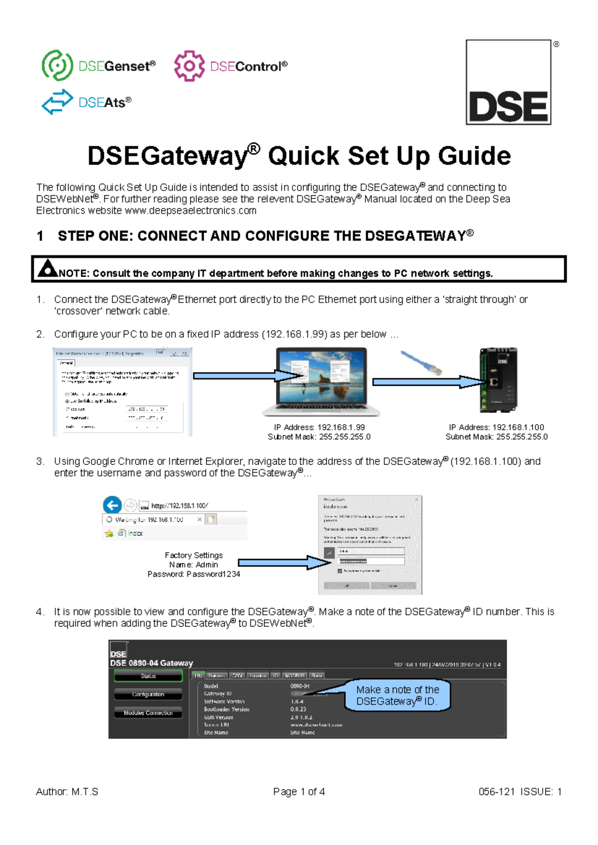 056-121 DSEGateway® Quick Set up Guide - Author: M.T Page 1 of 4 056 - 121 ISSUE: 1 DSEGateway ...