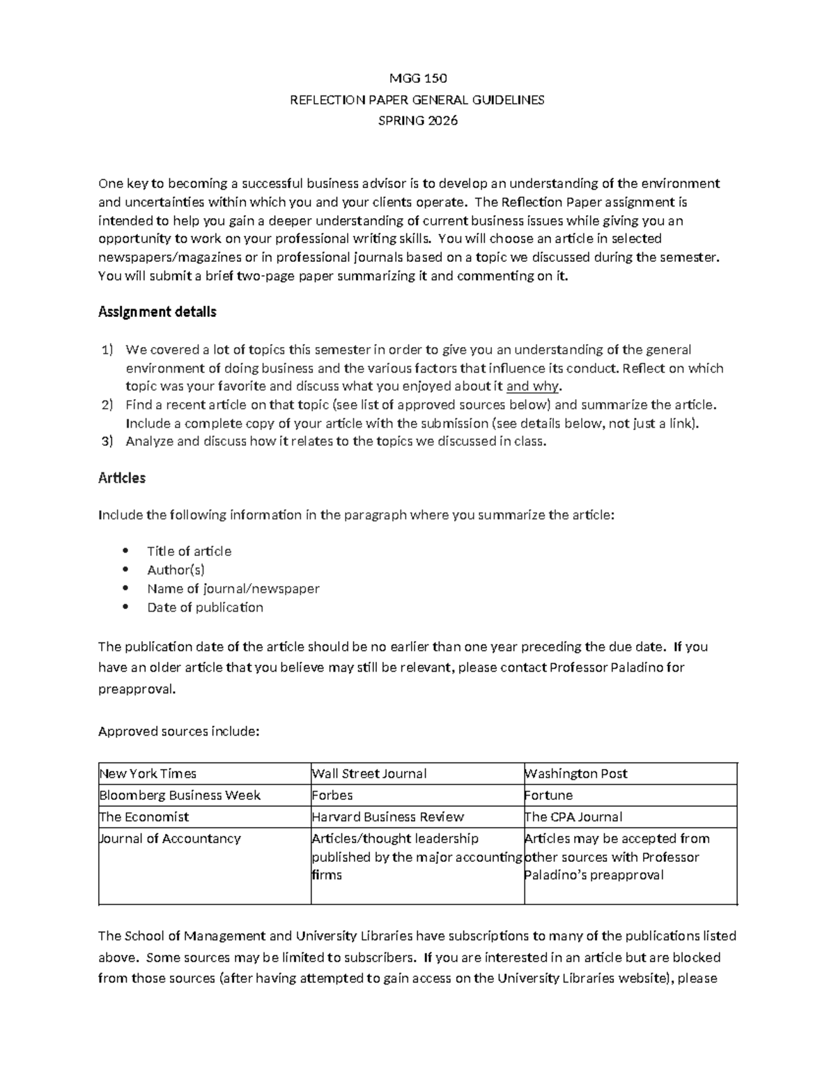MGG 150 - Reflection Paper Guidelines for Spring 2026 - Studocu
