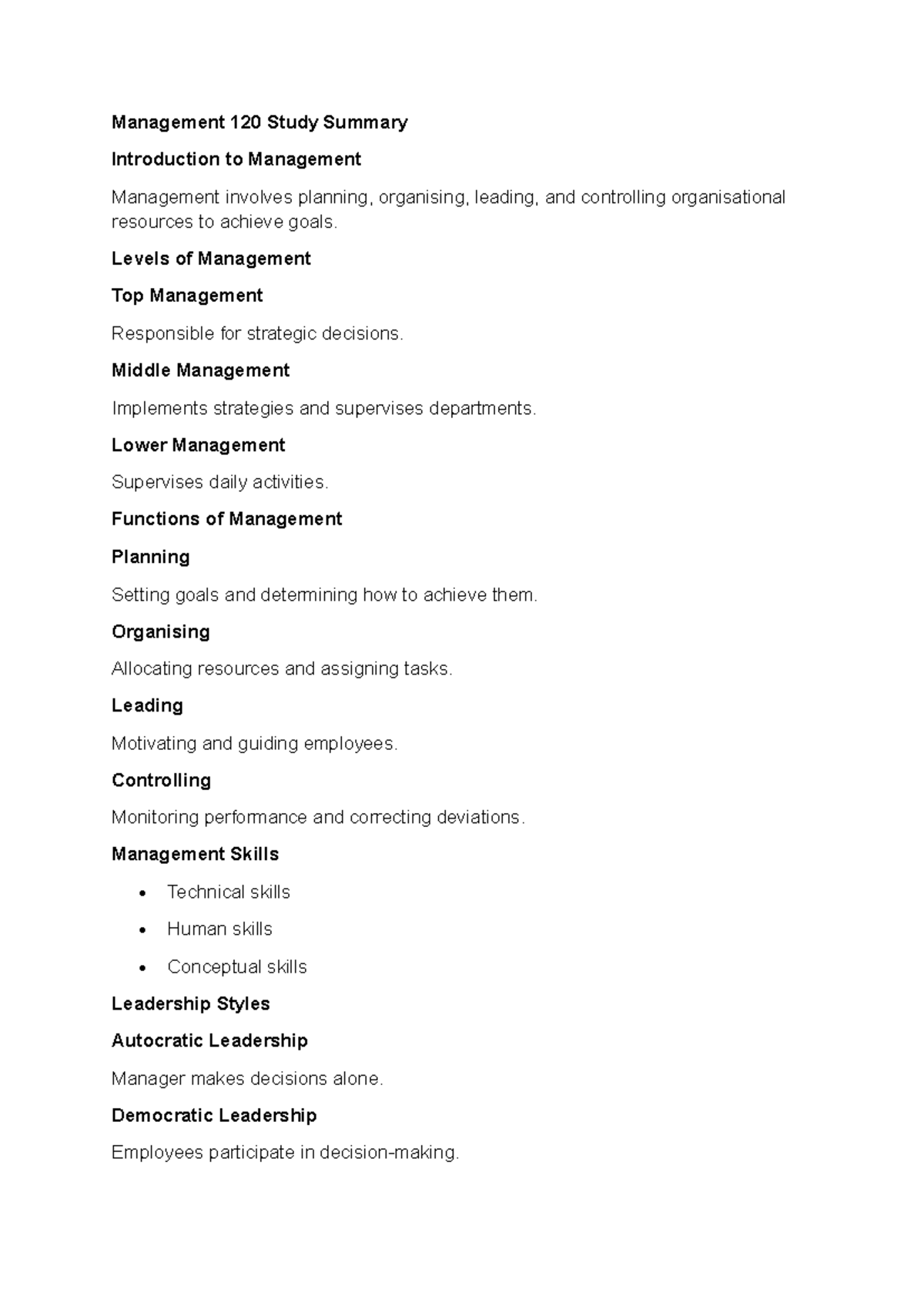 Management 120 Study Summary: Key Concepts in Management - Studocu