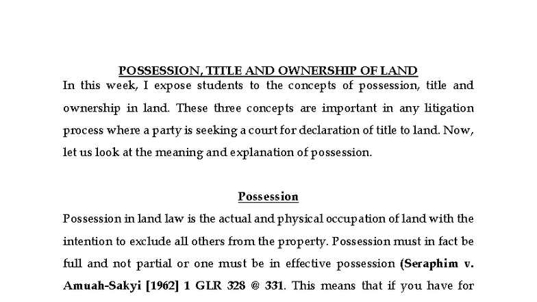 LECTURE NOTES ON POSSESSION, TITLE & OWNERSHIP OF LAND - Studocu