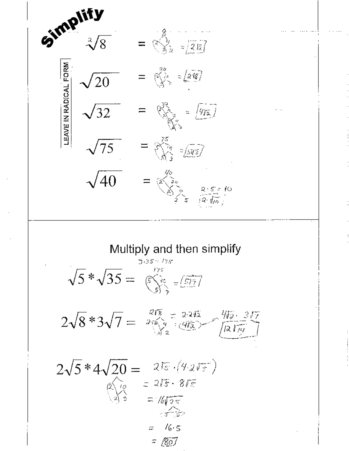 9.1 Simplifying Radicals Teaching Notes - simplify 2 2 212 20 20 Fish ...